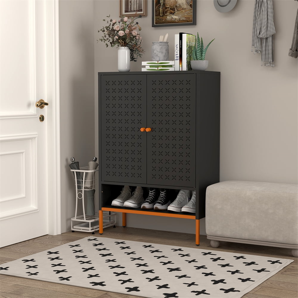 Grid Double Door Shoe Cabinet, Three Adjustable Compartments for ...