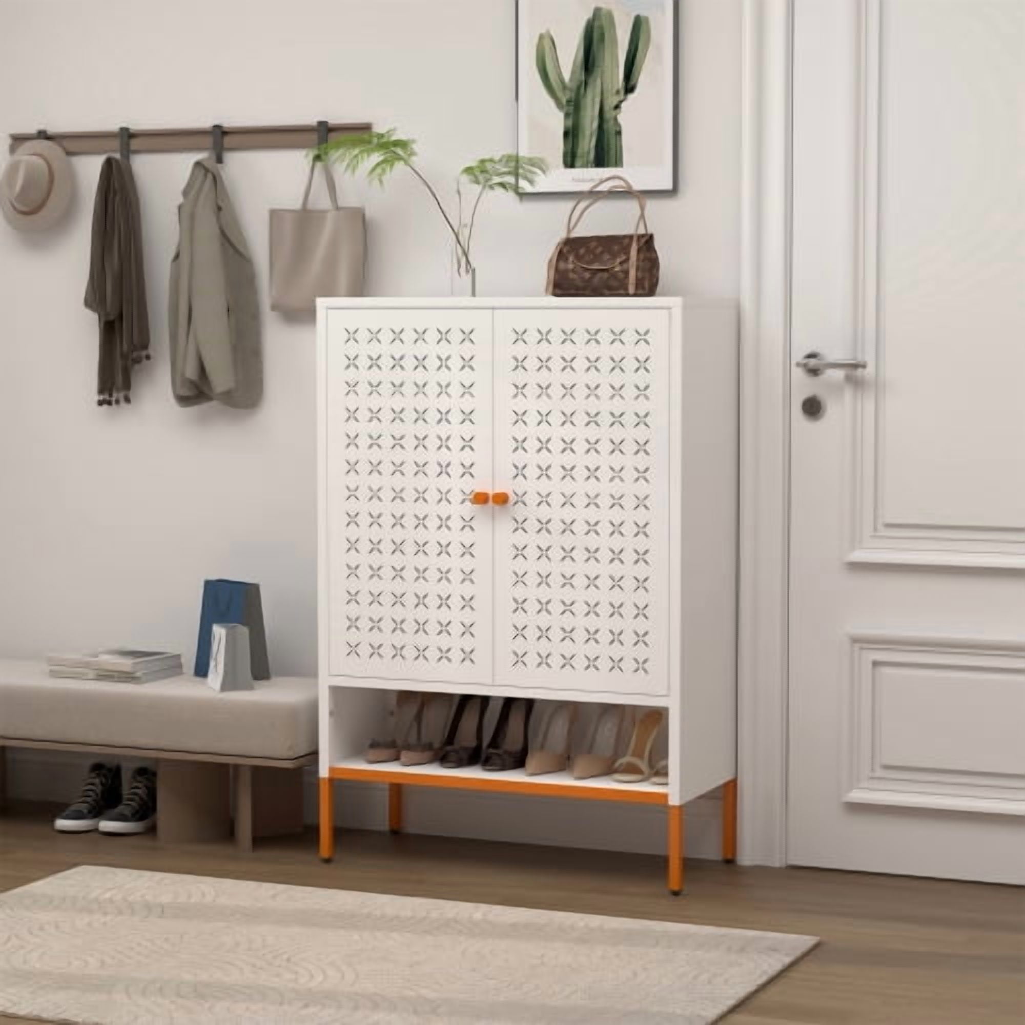 Grid Double Door Shoe Cabinet with Three Adjustable Compartments and ...