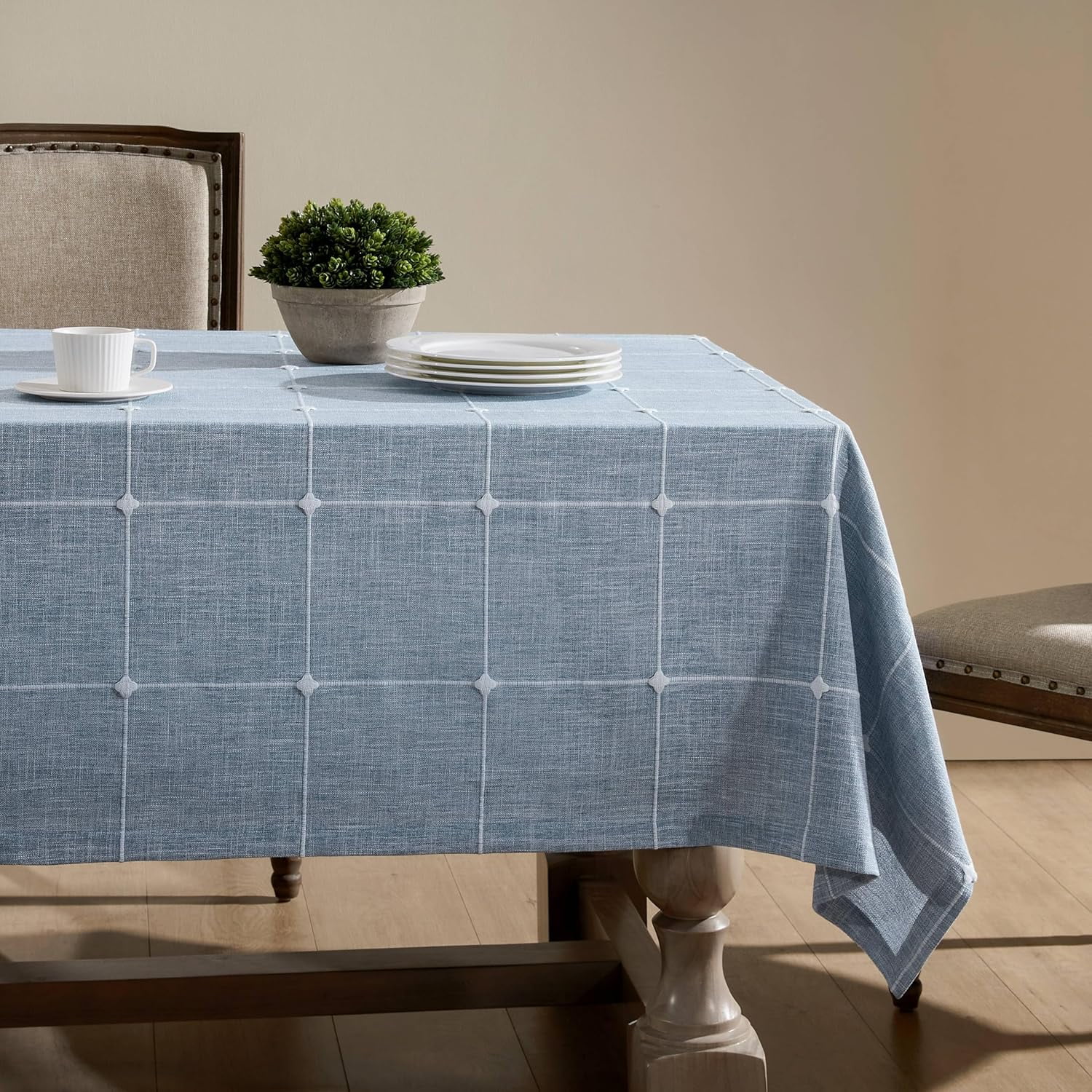 Grid Embroidered Hemmed Tablecloths, Blue 60x104 Inch, Farmhouse Style ...