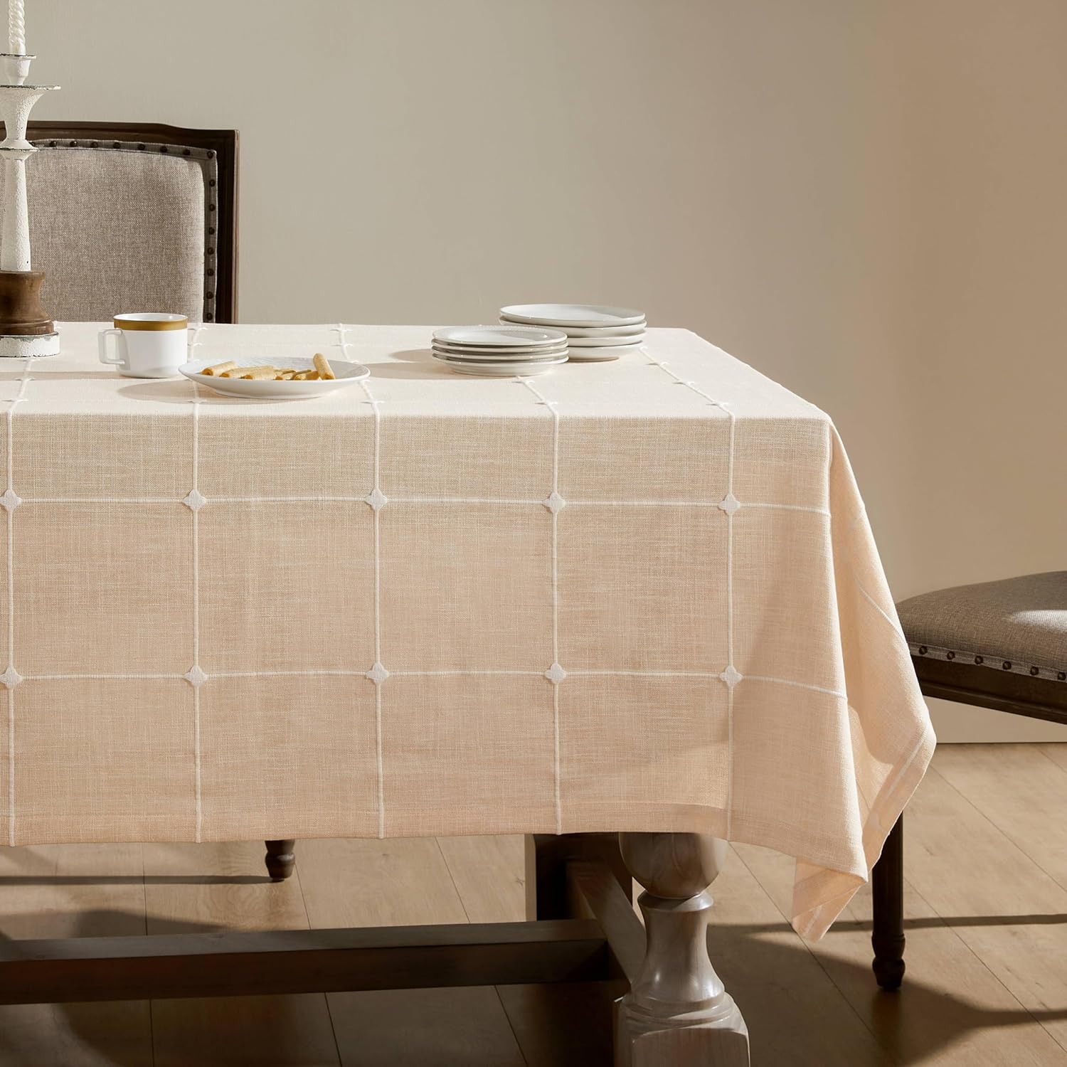 Grid Embroidered Hemmed Tablecloths, Cream 60x120 Inch, Farmhouse Style ...