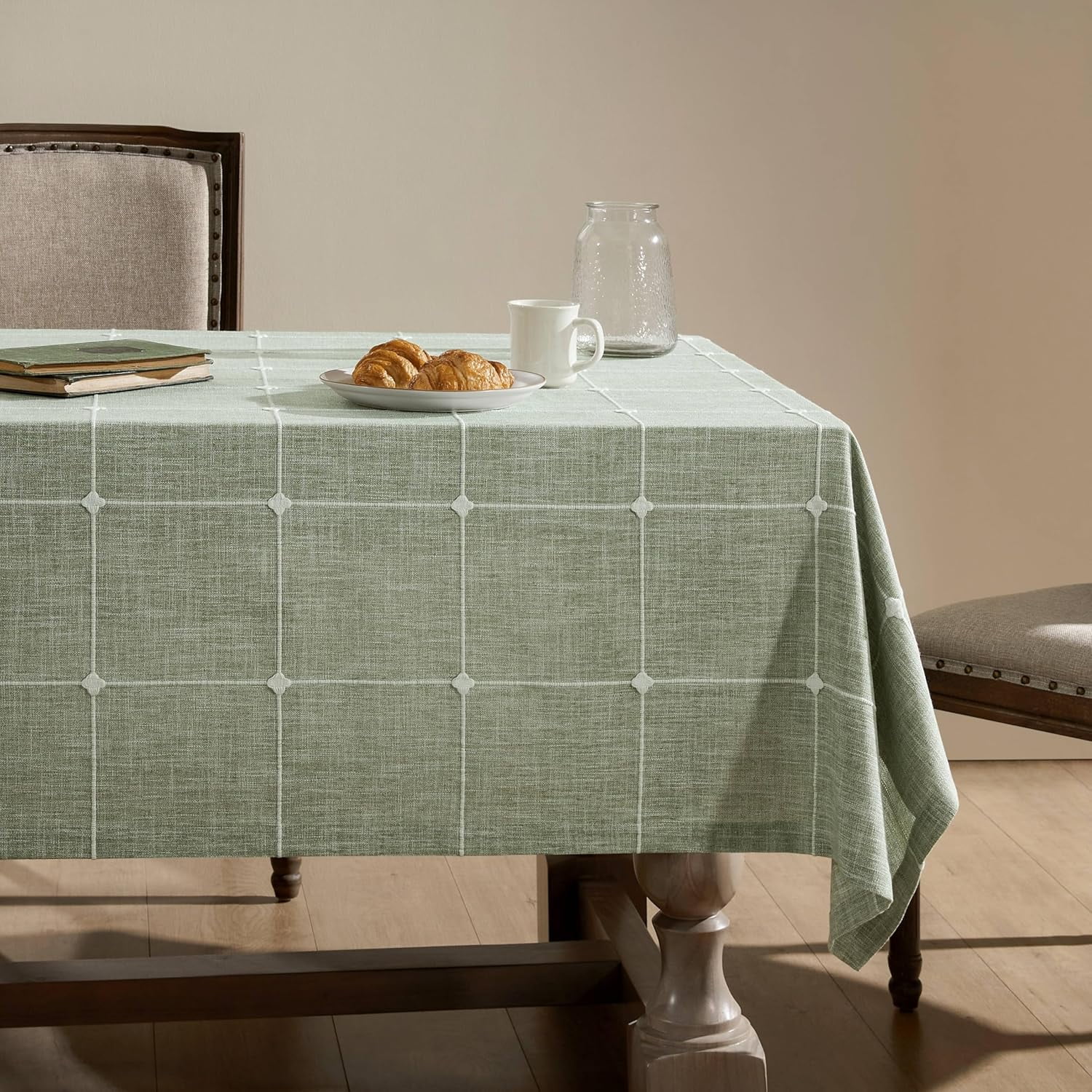 Grid Embroidered Hemmed Tablecloths, Green 52x70 Inch, Farmhouse Style ...