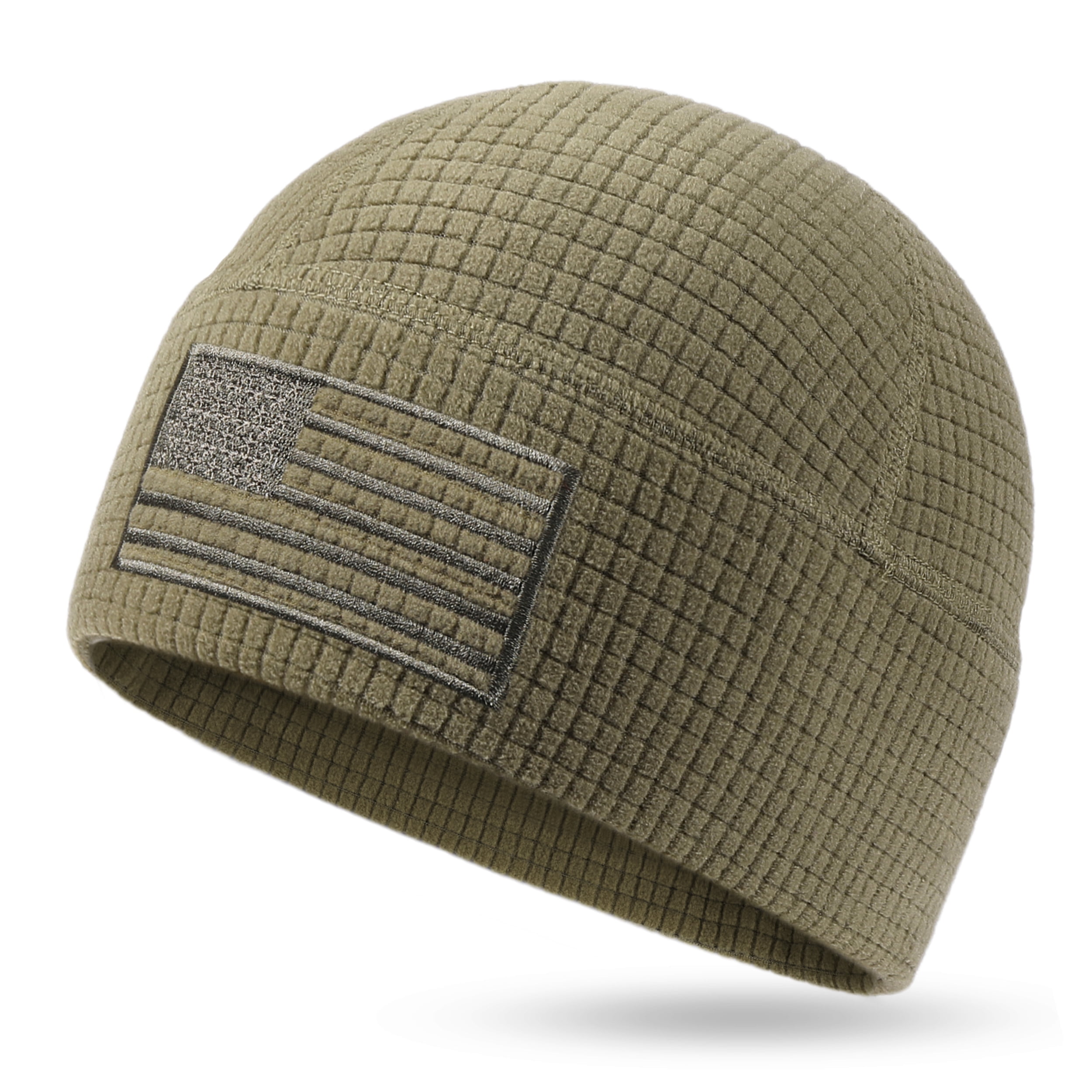 Grid Fleece Beanie with American Flag Embroidery Waffle Tactical Army ...