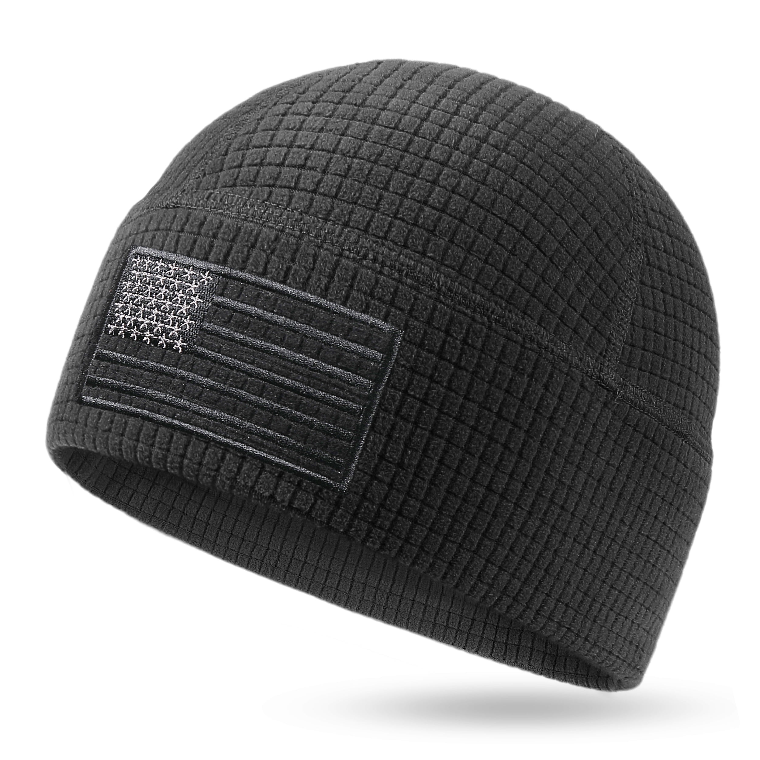 Grid Fleece Beanie with American Flag Embroidery Waffle Tactical Army ...