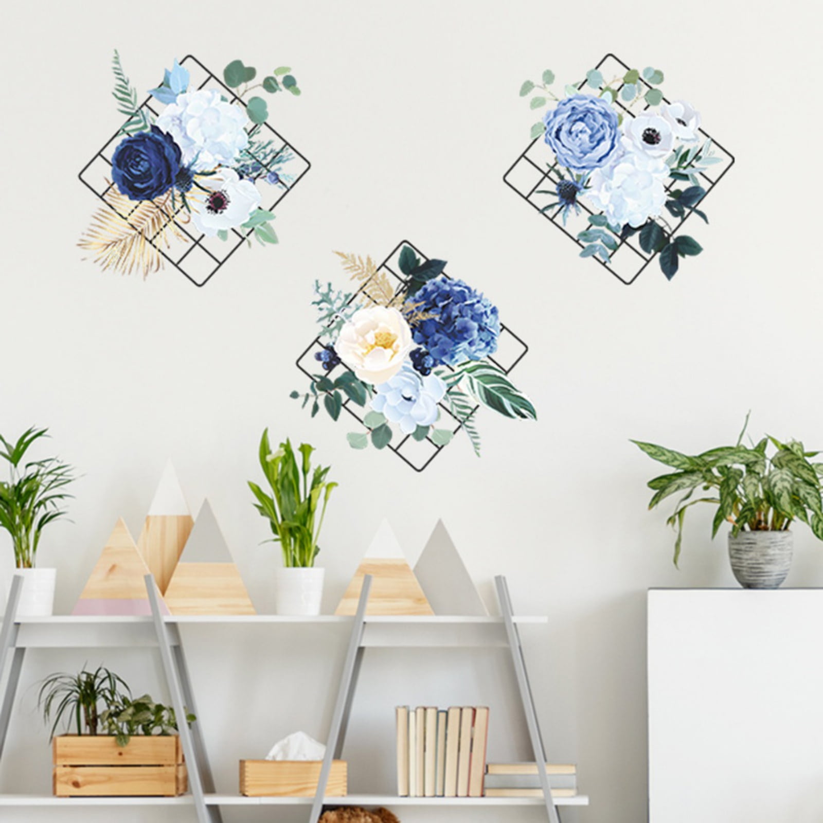 Grid Peony Flowers Wall Sticker,Removable Peony Floral Wall Decal,Self ...