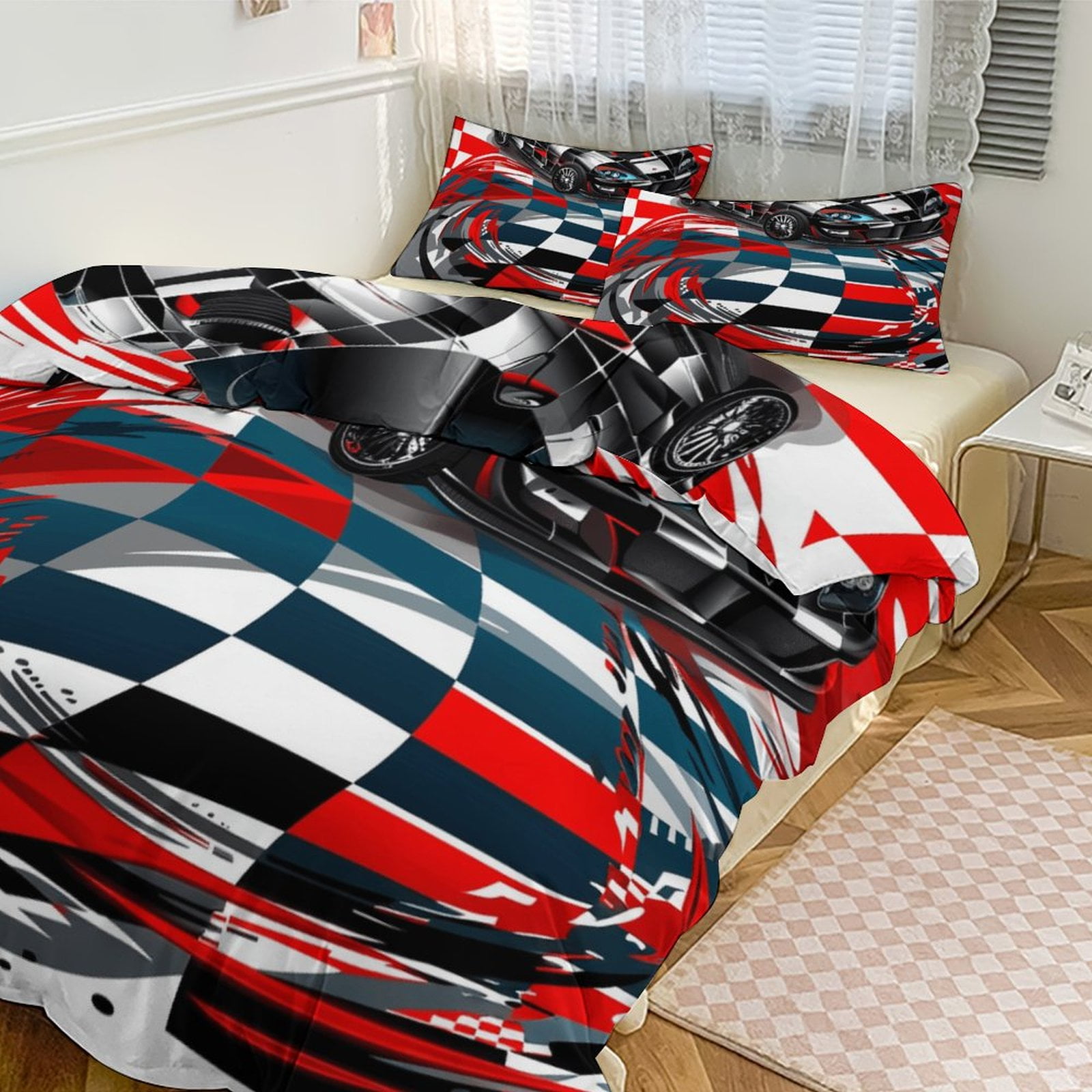 Grid Racing Car Bedding Set with Zipper Closure for Girls & Boys ...