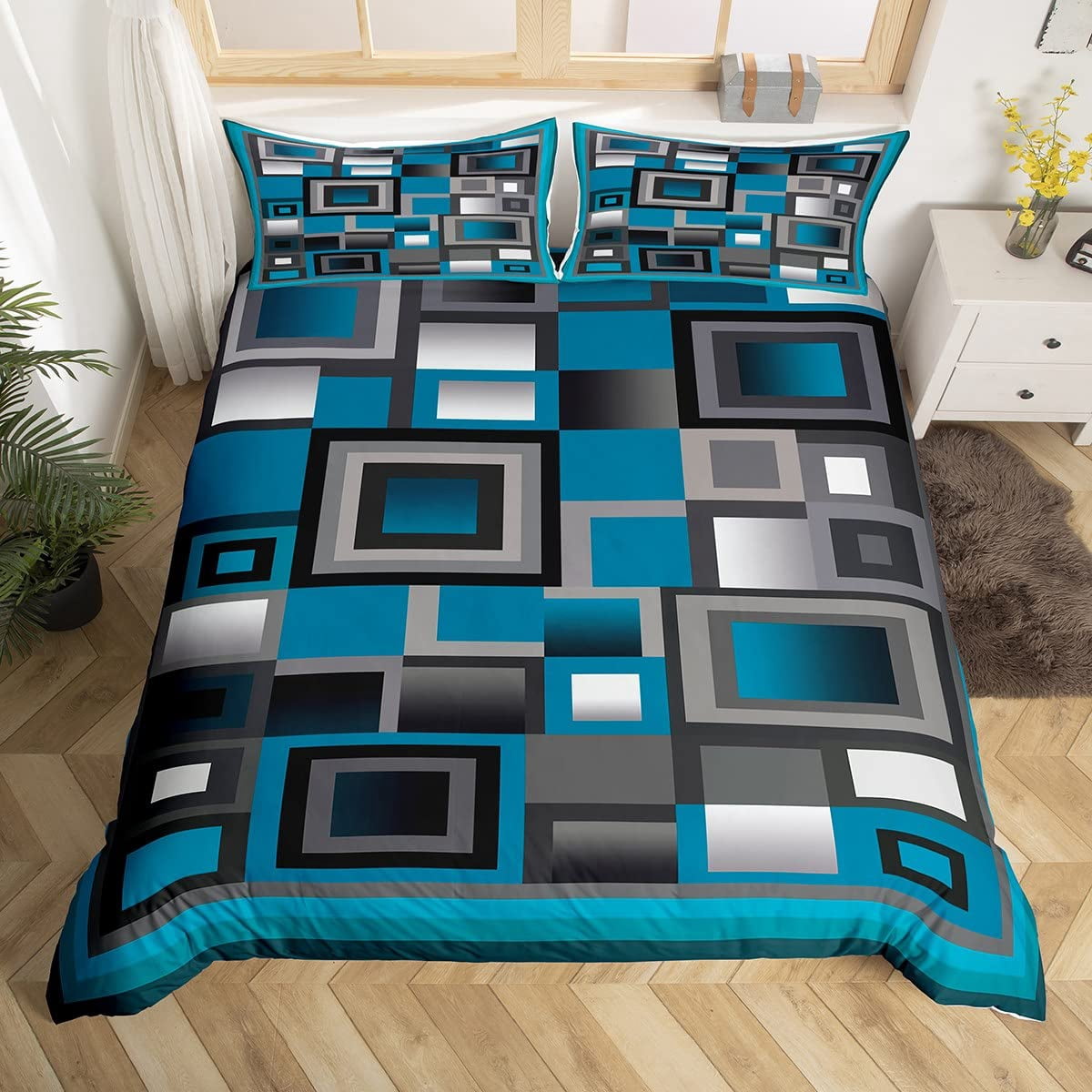 Grid Square Bedding Set Abstract Geometric Duvet Cover For Kids Teens ...