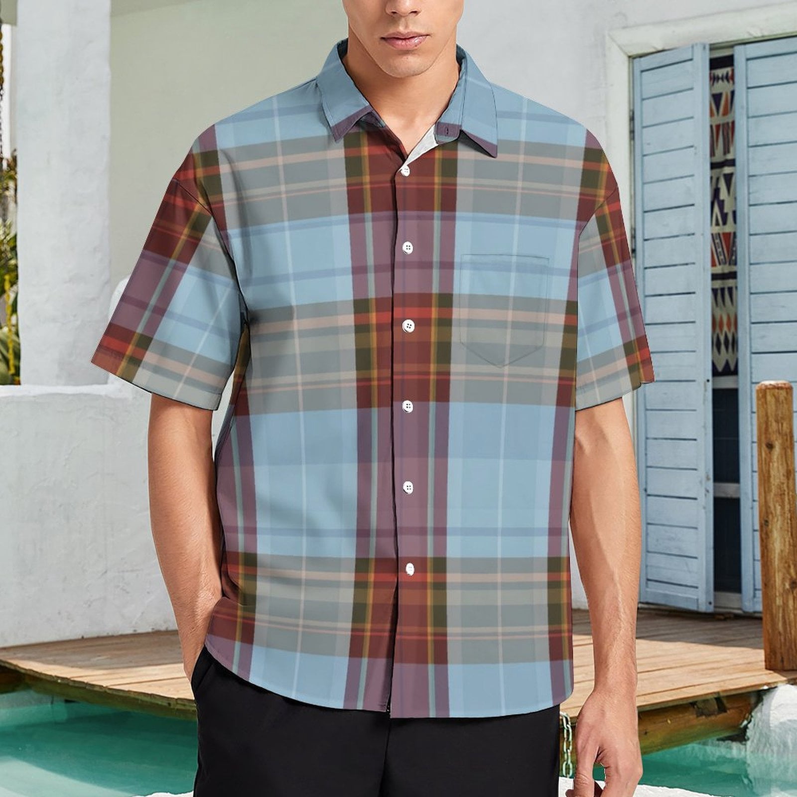 Grid Stripe Pattern Male Retro Print Casual Shirts Hawaiian Short ...