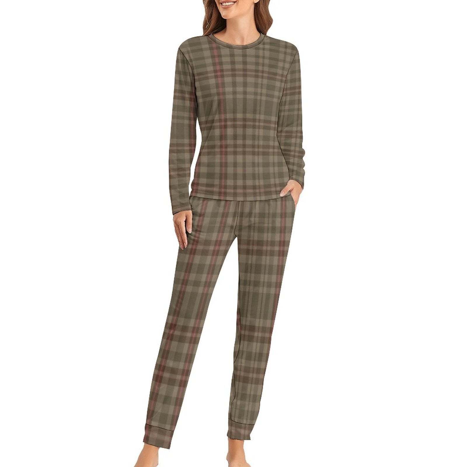 Grid Stripe Pattern Pajamas Woman Nightwear Long Sleeve Two Piece ...