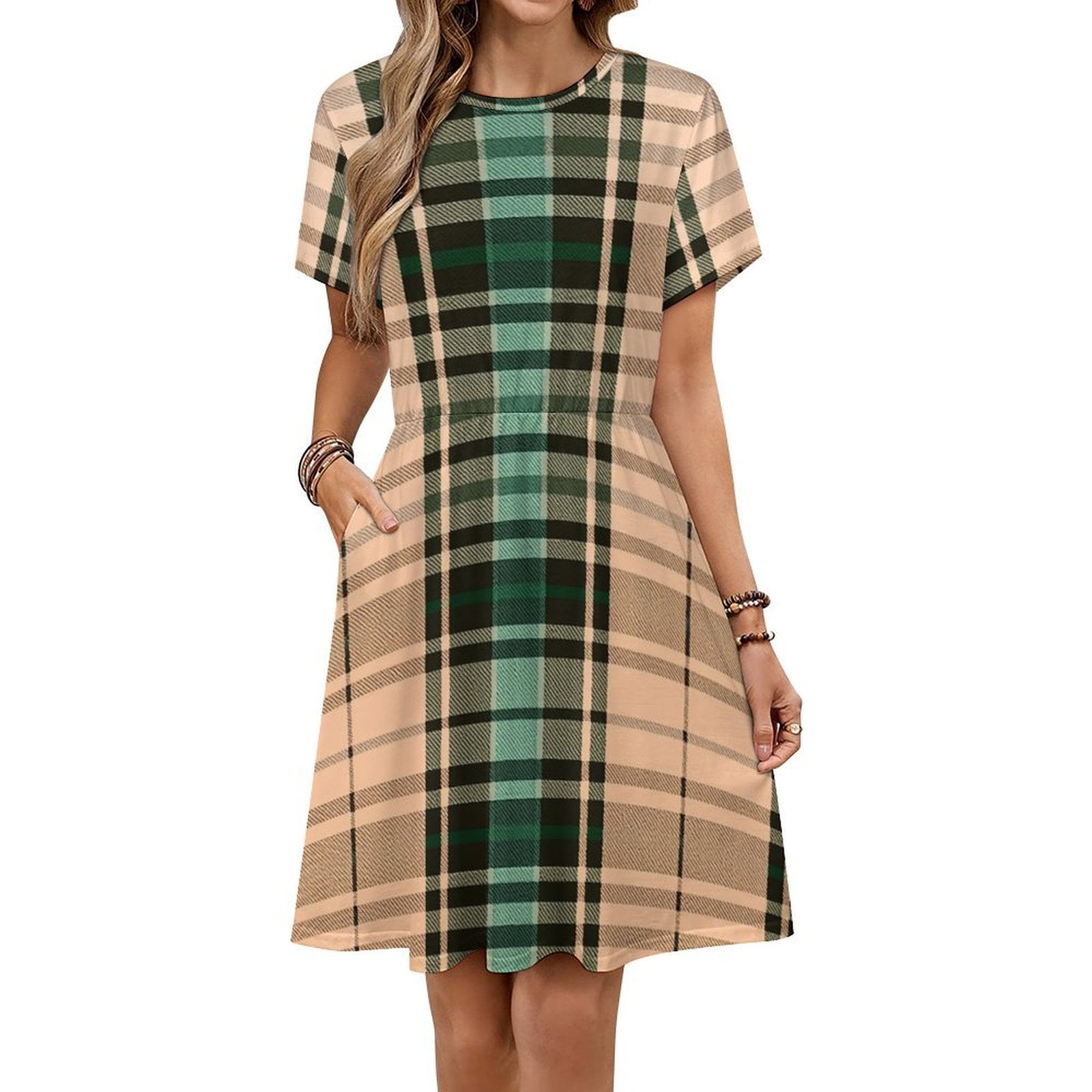 Grid Stripe Pattern Short Sleeve Dress Summer Women Clothes Dress for ...