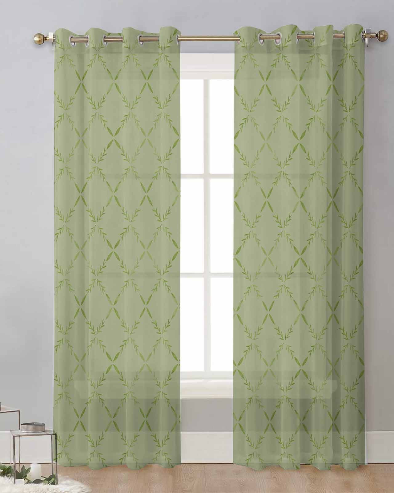 Grid Texture Sage Green Modern Tulle Curtains Voile Drapes Sheer Window ...