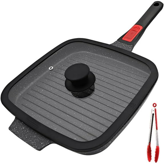 Griddle Pan with Lid, 10 Inch Cast Aluminium Non Stick Grill Pan with ...