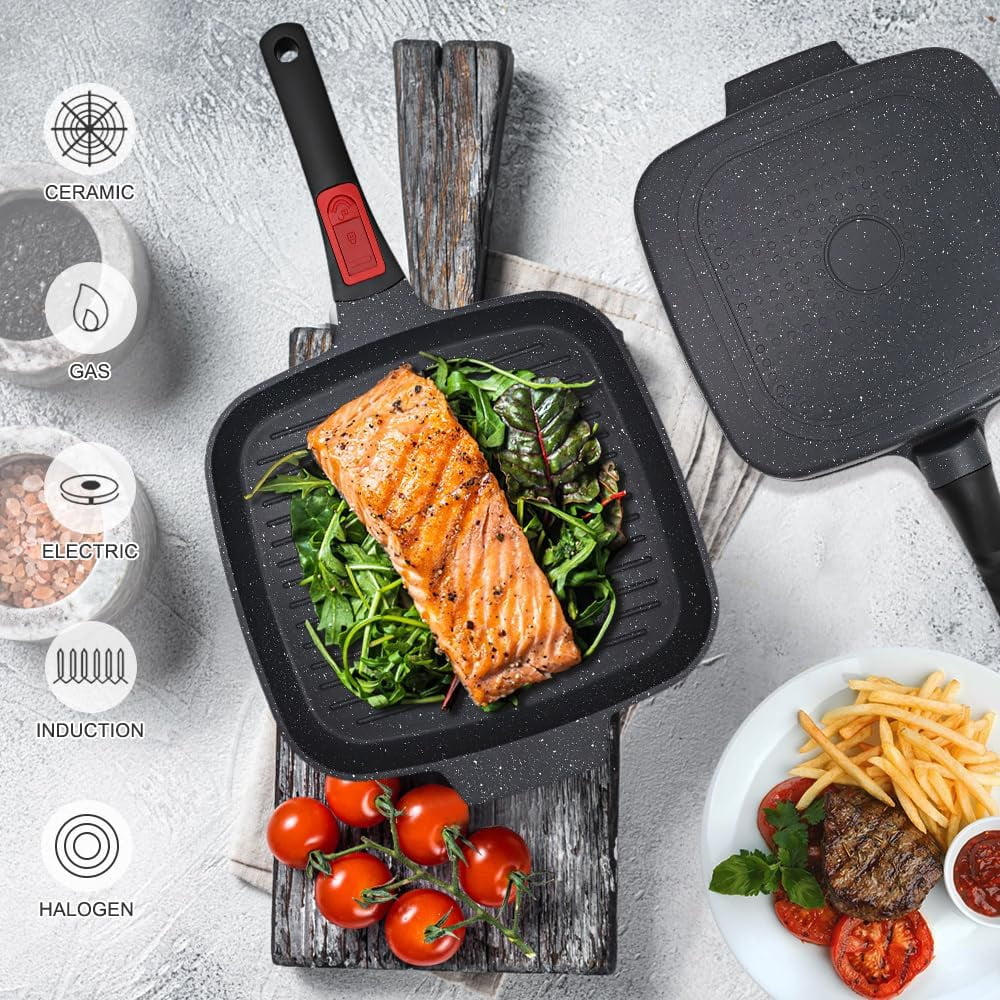 Griddle Pan with Lid, 10 Inch Cast Aluminium Non Stick Grill Pan with ...