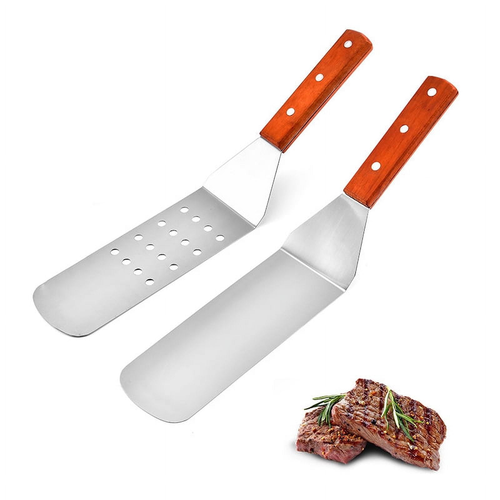 Griddle Teppanyaki Slotted Metal Spatula 2 PCS, Food Grade Stainless ...