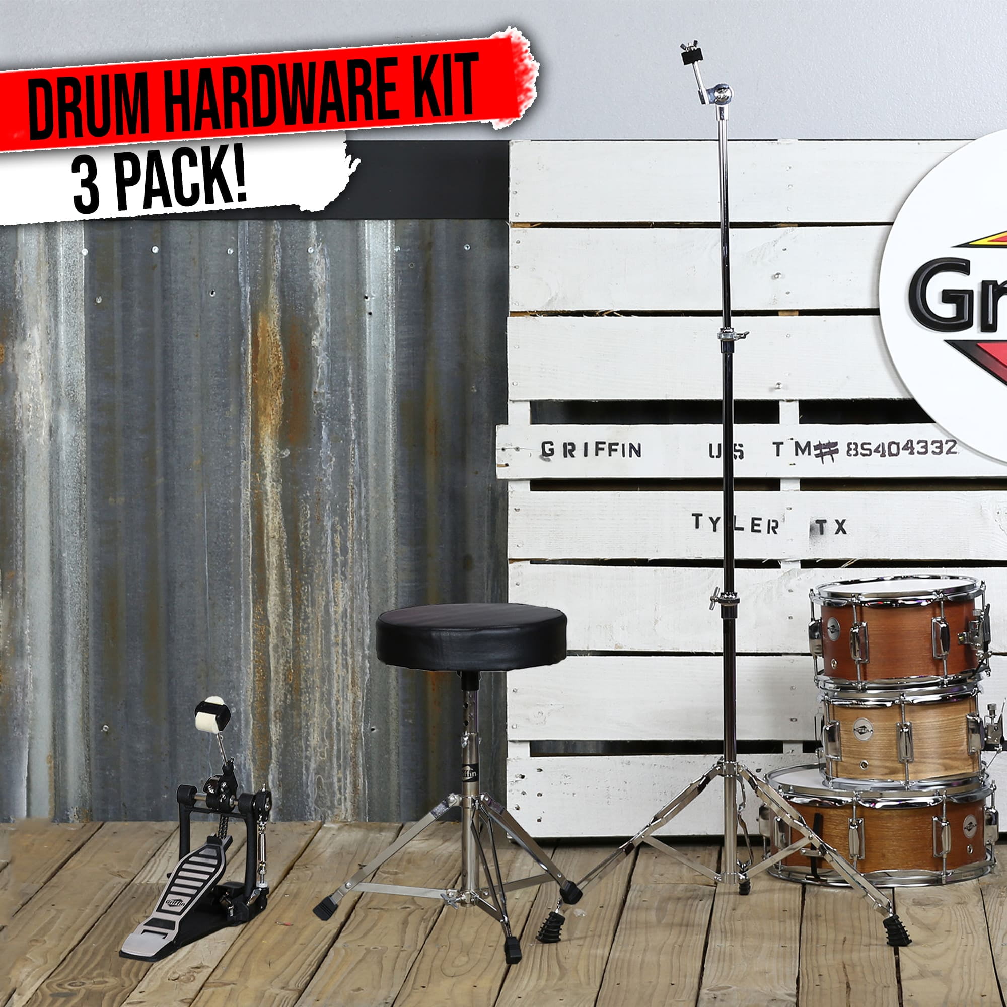 Griffin (3-Pack) Base Pedal, Drum Throne & Straight Cymbal Stand ...