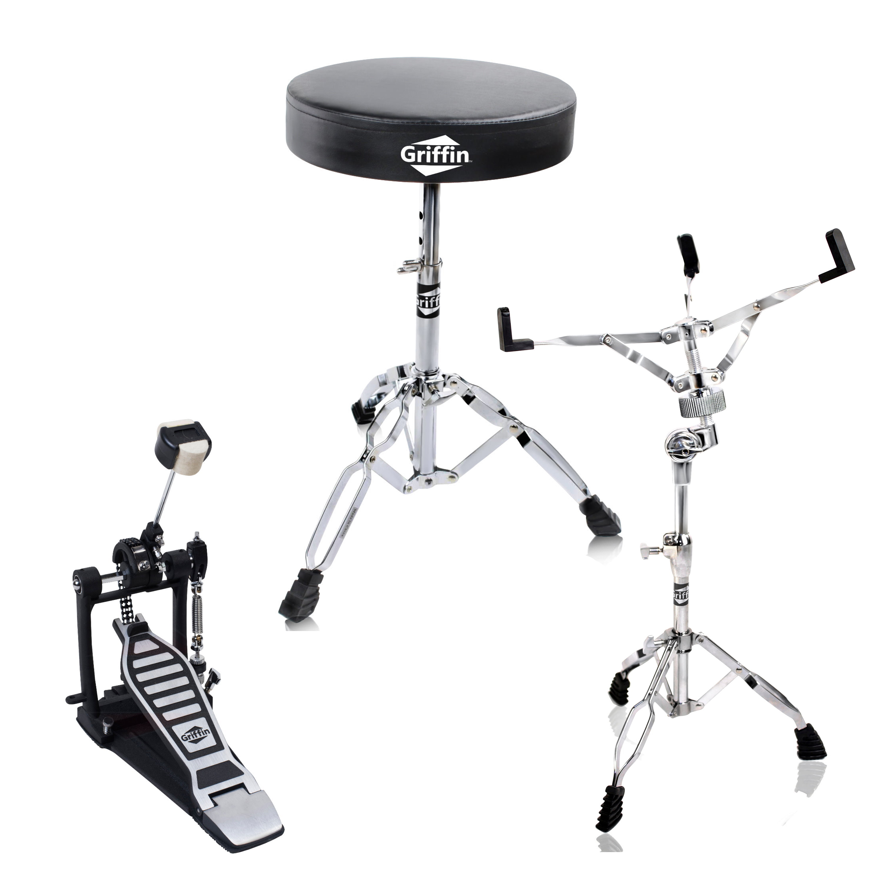 Griffin 3 Pack Set- Single Kick Bass Pedal, Drum Throne & Snare Stand ...