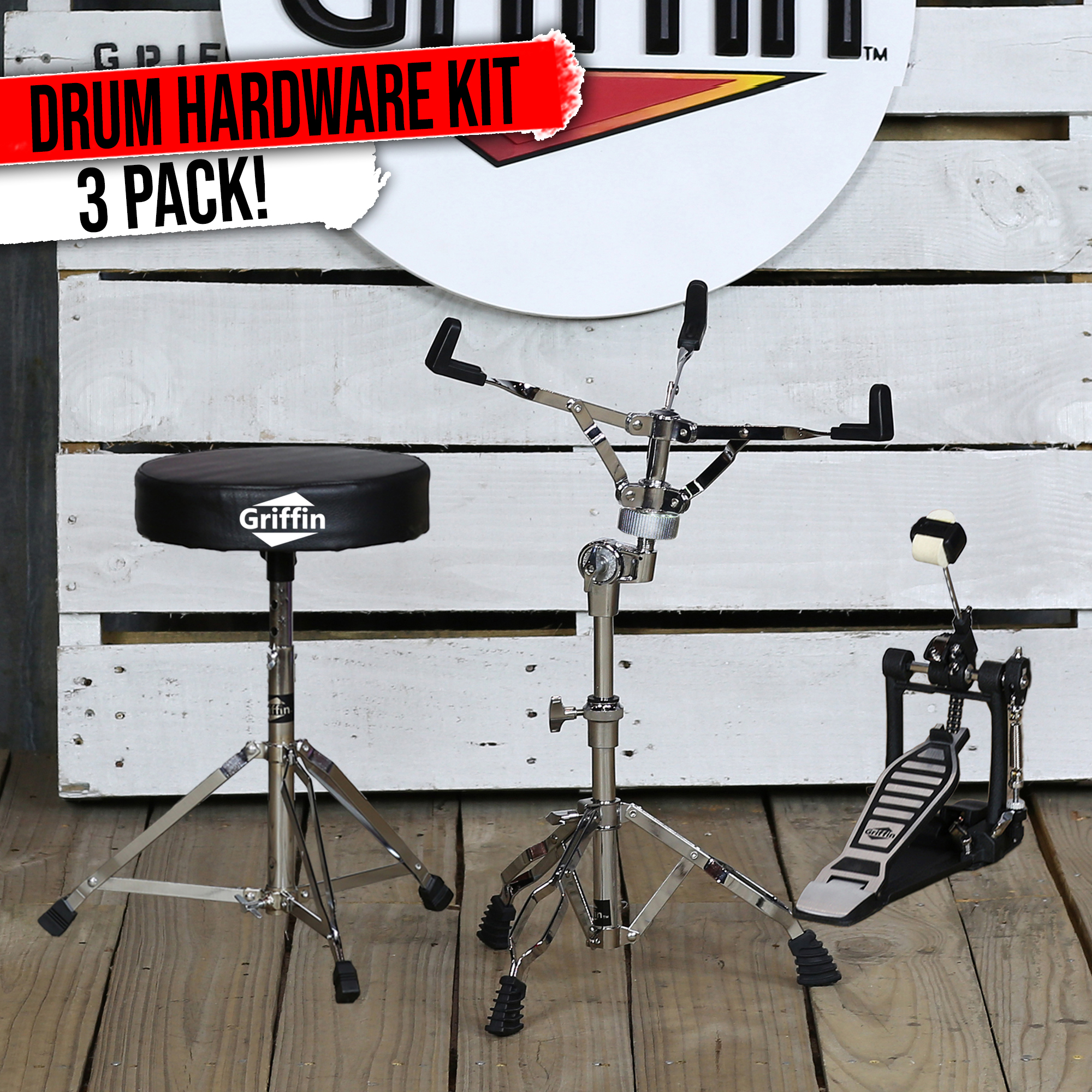Griffin (3 Set) Bass Drum Pedal, Drummers Seat & Snare Stand ...