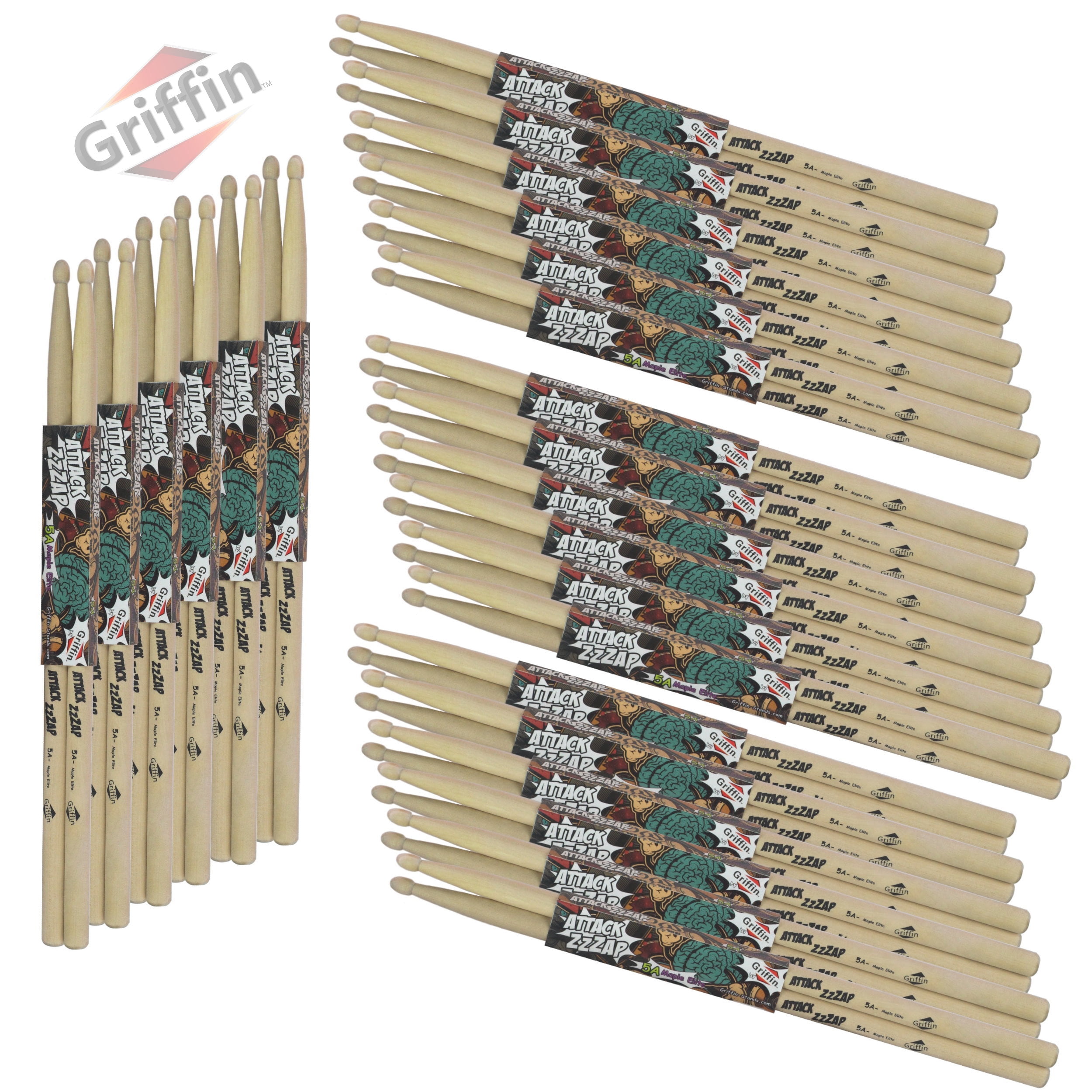 Griffin Attack Zzzap Drum Sticks - 24 Pairs of Select Elite Maple Wood ...