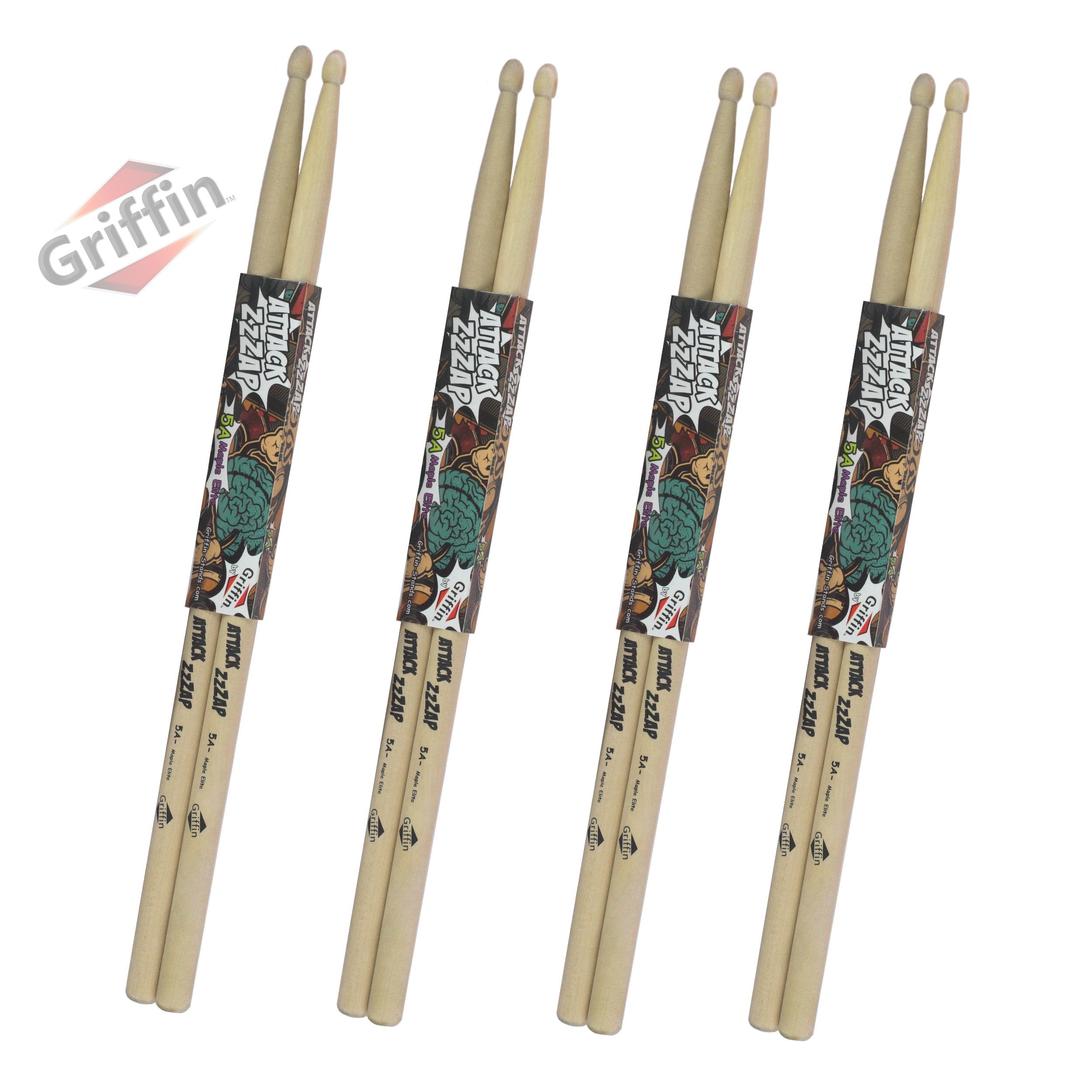 Griffin Attack Zzzap Drum Sticks - 4 Pairs of Select Elite Maple Wood ...