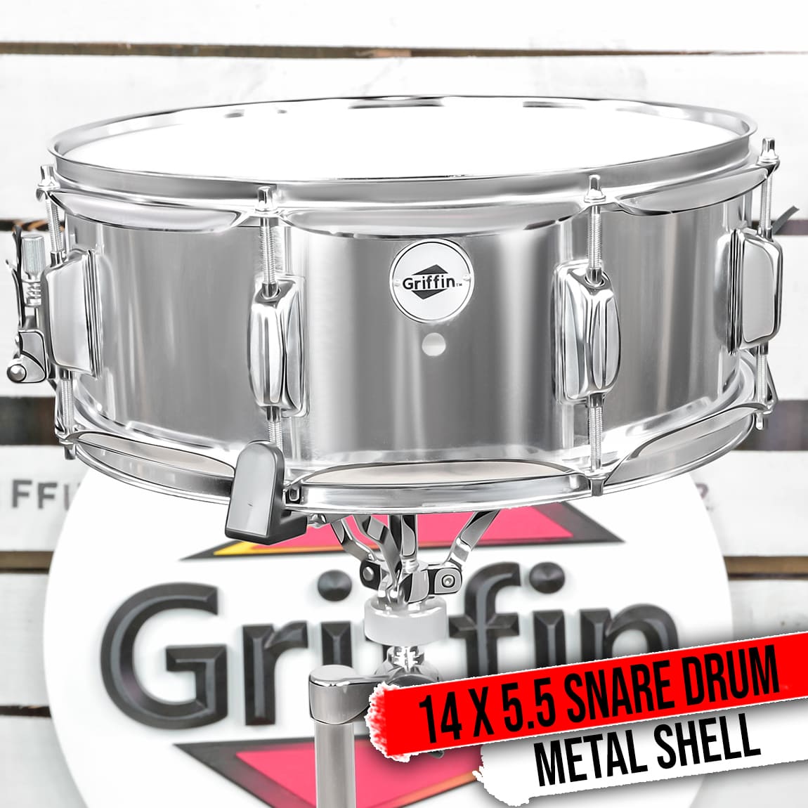 Griffin Metal Snare Drum 14"x5.5 Steel Chrome Shell Percussion Head Key ...