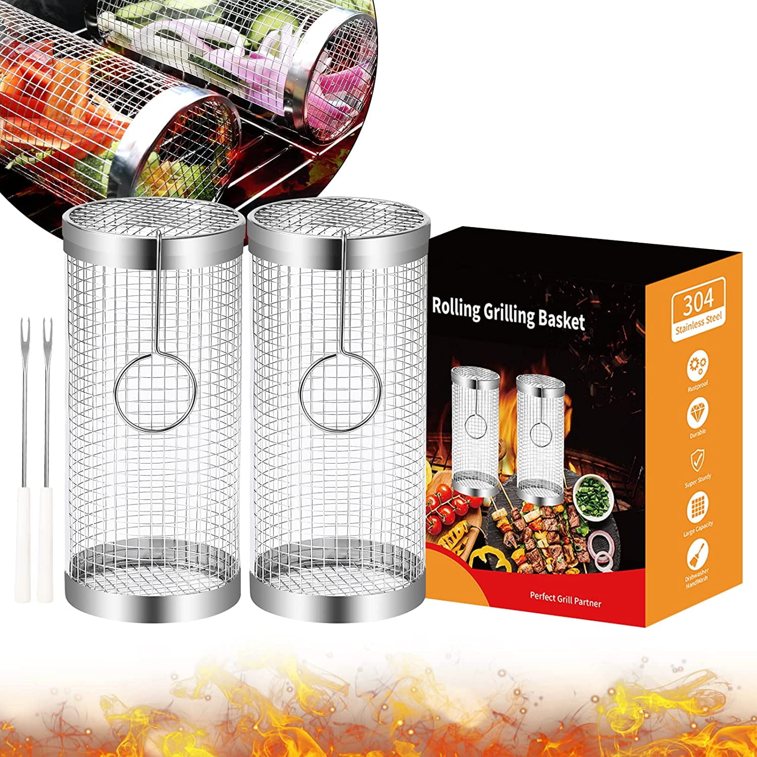 Grill Basket 2 PCS, BBQ Grill Basket, Rolling Grilling Basket ...