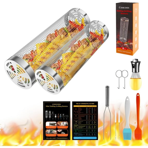 Grill Basket 2 PCS, Rolling Grill Baskets for Outdoor Grill, Grilling ...