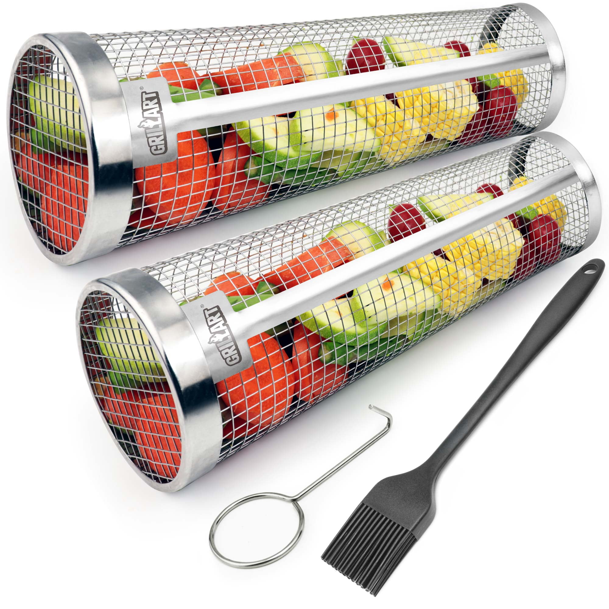 GRILLART Grill Basket Set, 2 PCS Stainless Steel Rolling Grilling ...