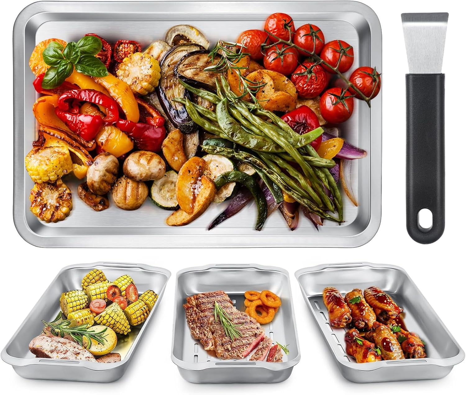 Grill Basket Set, 3-Piece Stainless Steel Grill Topper Pans for Outdoor Grill with BBQ Prep Tray ...