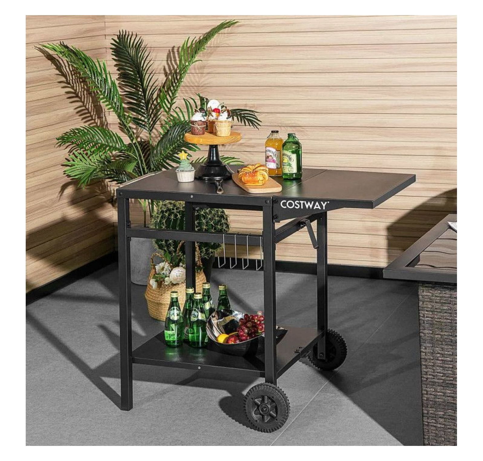 Grill Cart Outdoor, Folding Prep Table with Hooks - Black Steel Utility ...