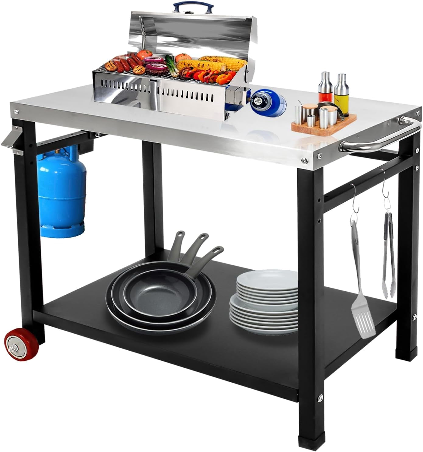 Grill Cart Outdoor Pizza Oven Stand Dining Cart Table with Wheels Hooks ...