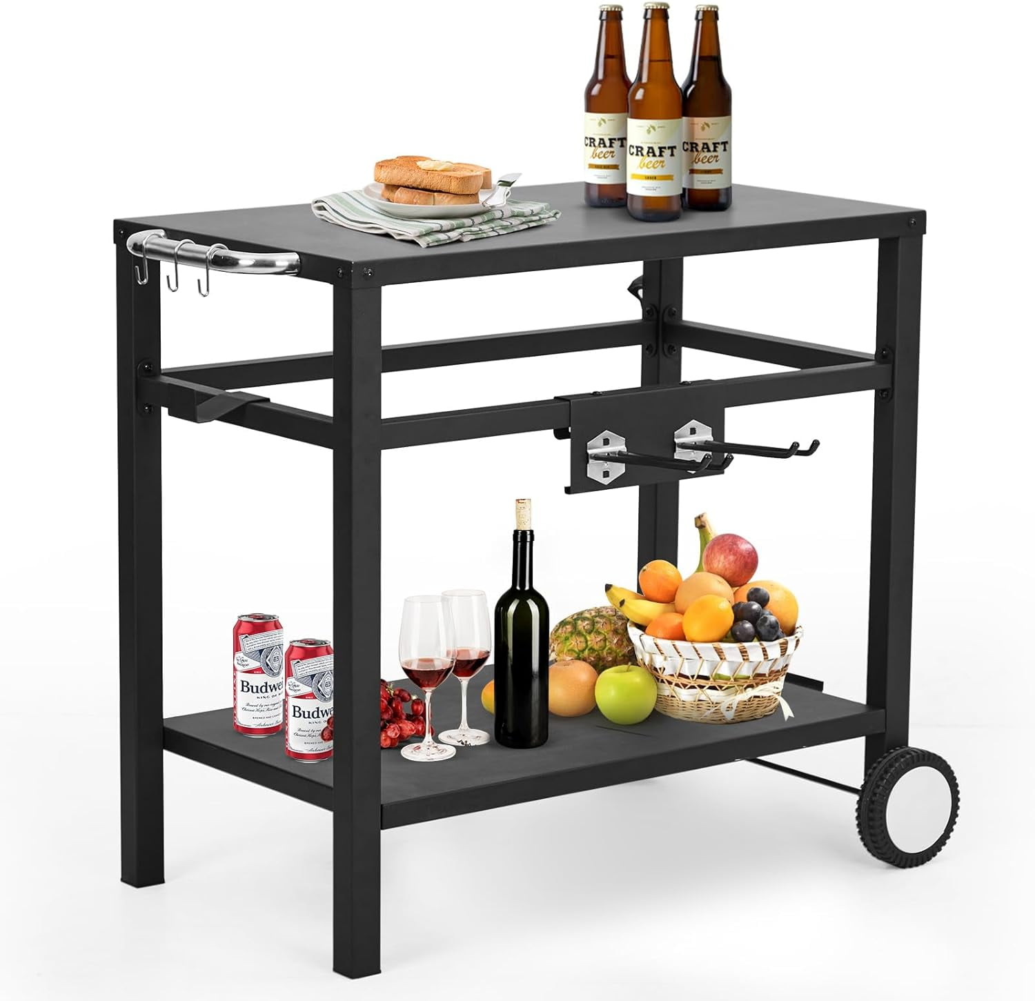 Grill Cart, Pizza Oven Stand, BBQ Prep Table with Wheels and Hooks ...