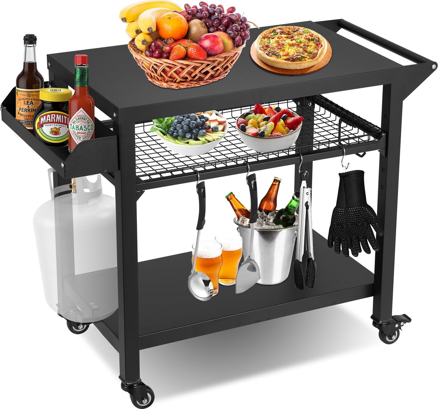 Grill Cart, Pizza Oven Stand Table with Wheels Dining Cart Table for ...