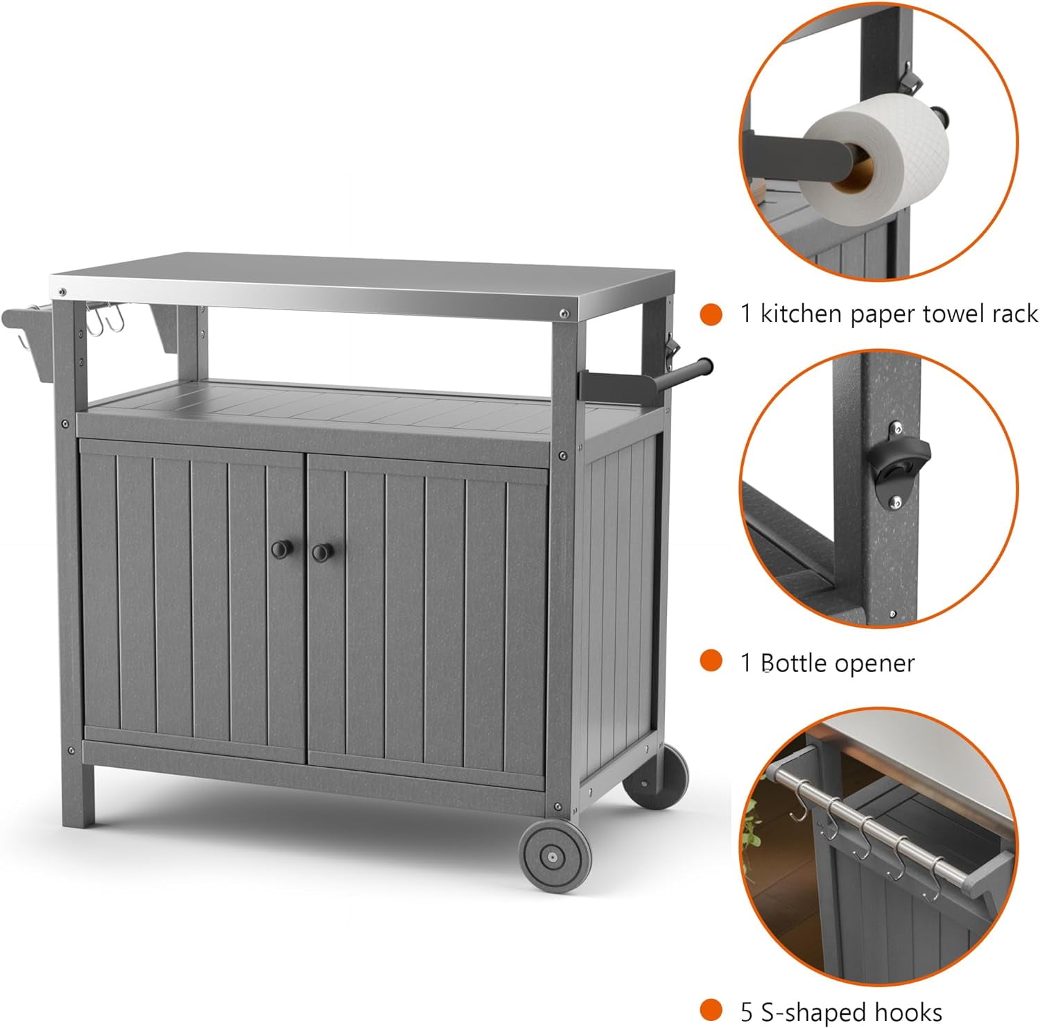 Portable BBQ Grill Cart with Storage, Stainless Steel Top, Hooks ...