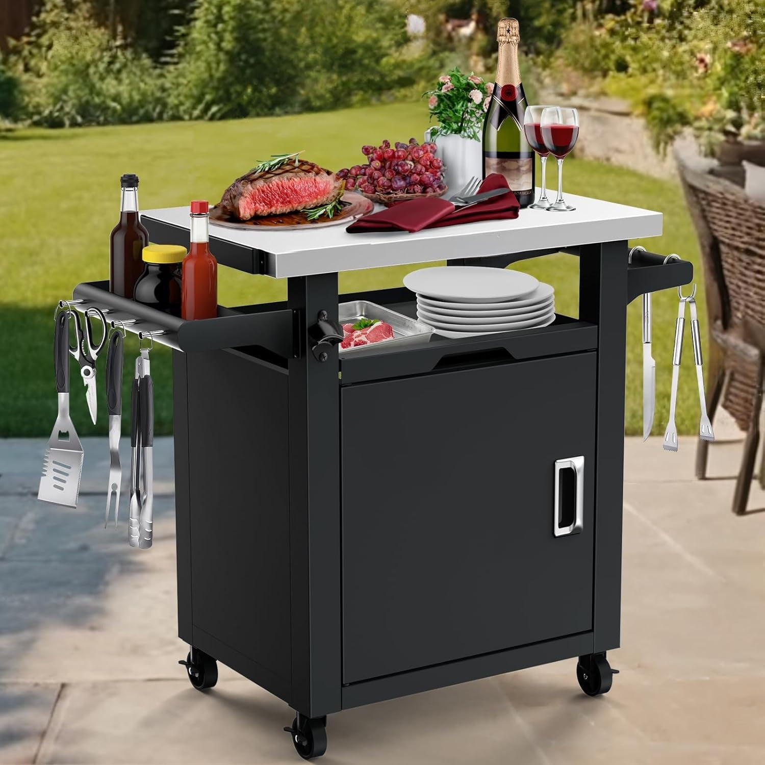Grill Carts Outdoor with Enclosed Cabinet and Storage Drawer, Portable ...