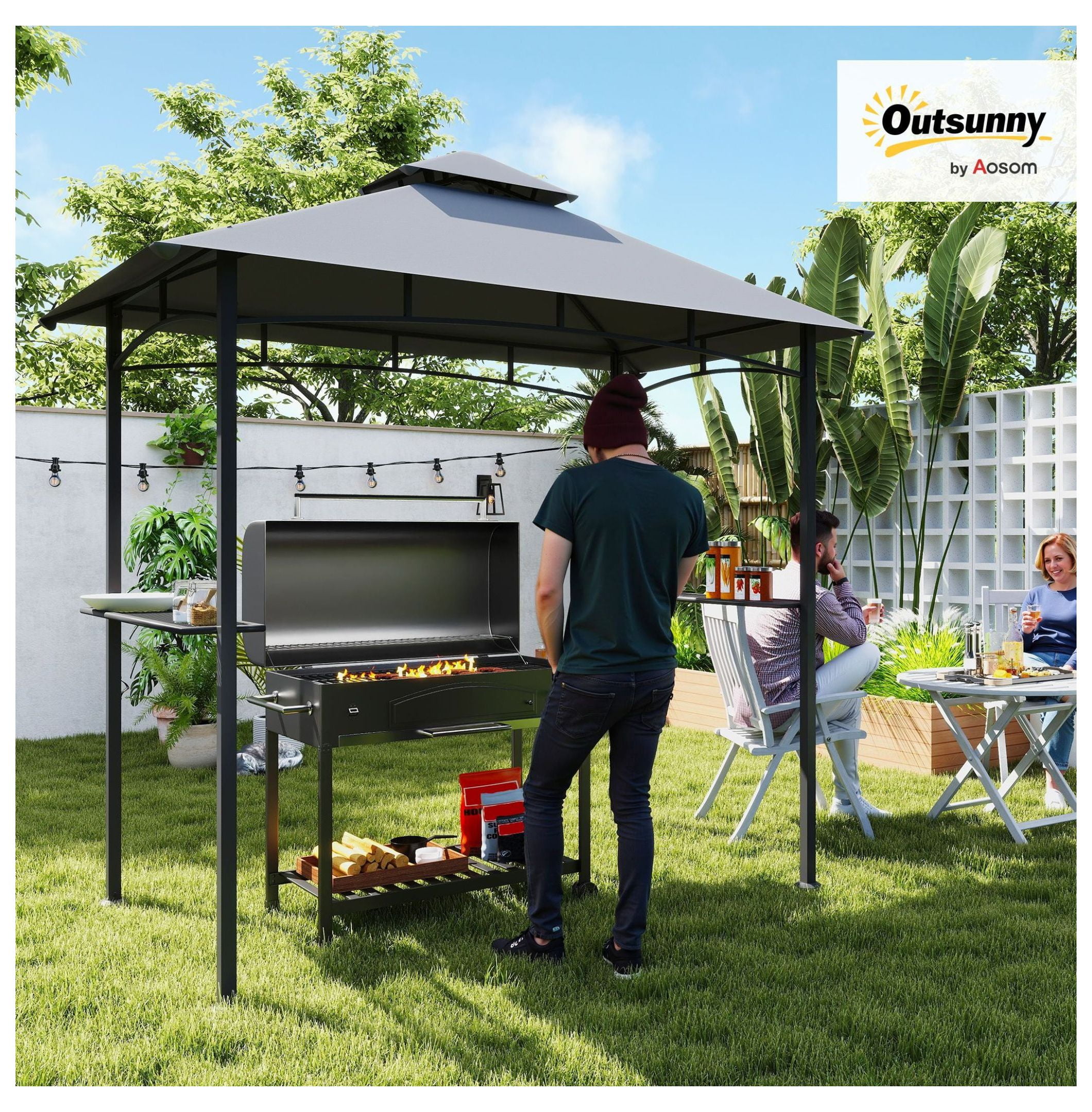 Grill Gazebo 8'x5' with Double Roof, BBQ Canopy with Side Shelves ...