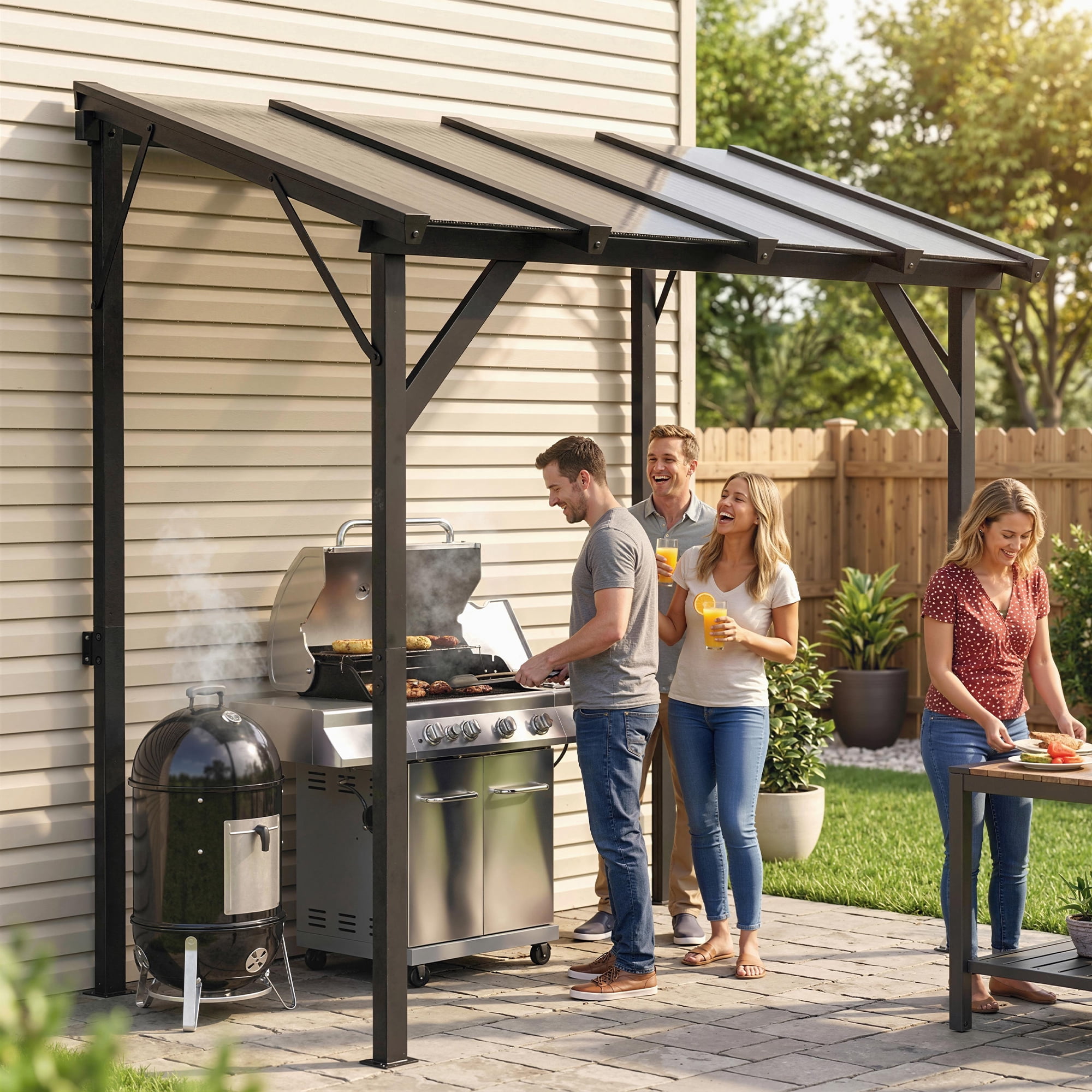 Grill Gazebo Lean-to Hardtop BBQ Shelter with Polycarbonate Roof for ...