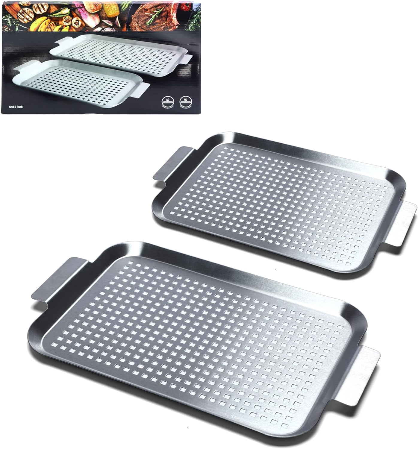 Grill Pan Set of 2, BBQ Grill Topper for Outdoor Grill, Stainless Steel ...