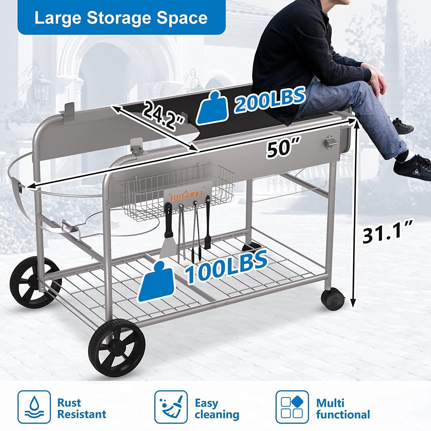 Grill Stand Cart Protable Outdoor for Weber Kettle Charcoal Grill 18 ...