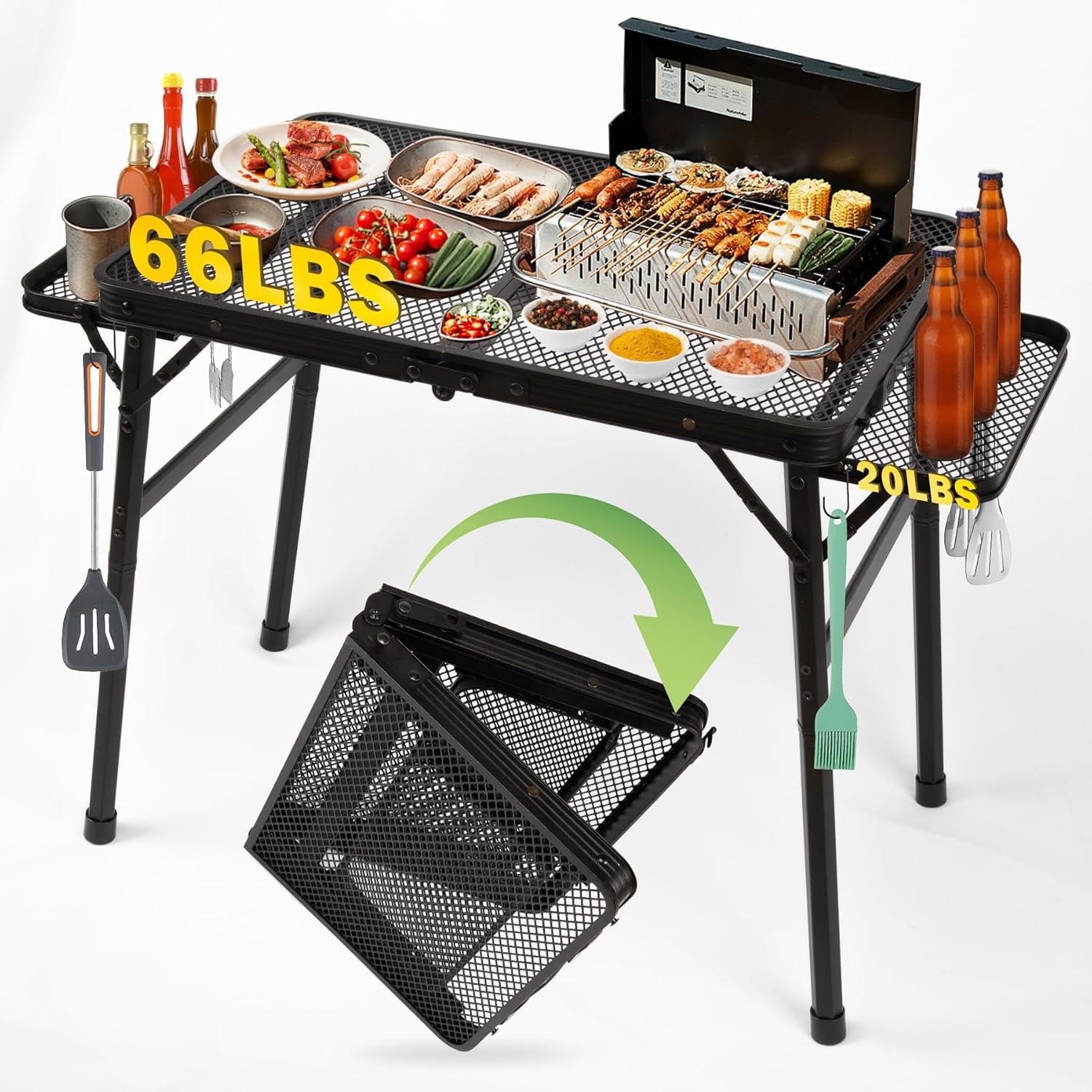 Table Camping Table with 2 Wing Panels, Mesh Metal Folding Grill Table ...