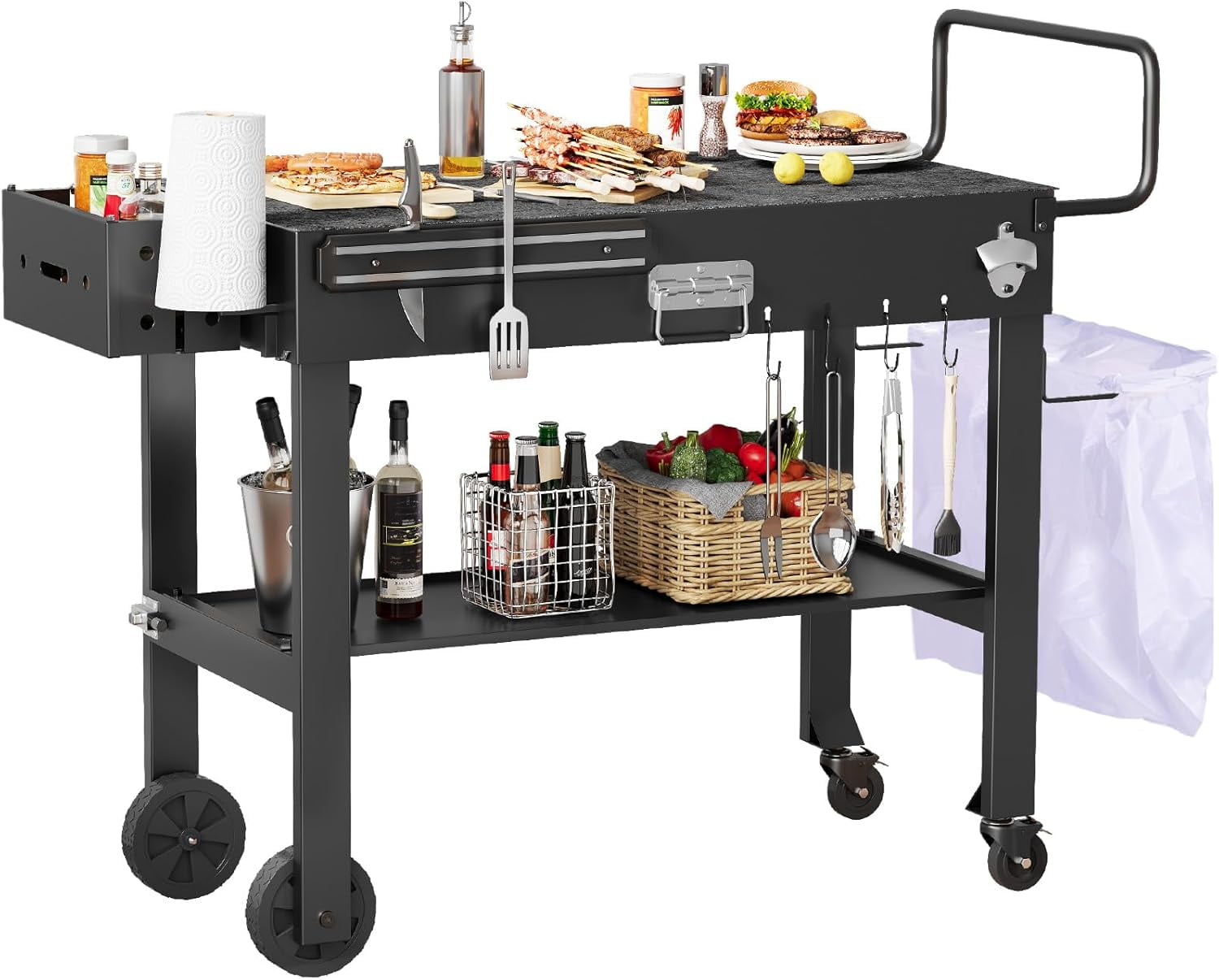 Grill Tables, Grill Cart Outdoor with Swivel Wheel, Pizza Oven Table with Trash Bag Holder, 31 x ...