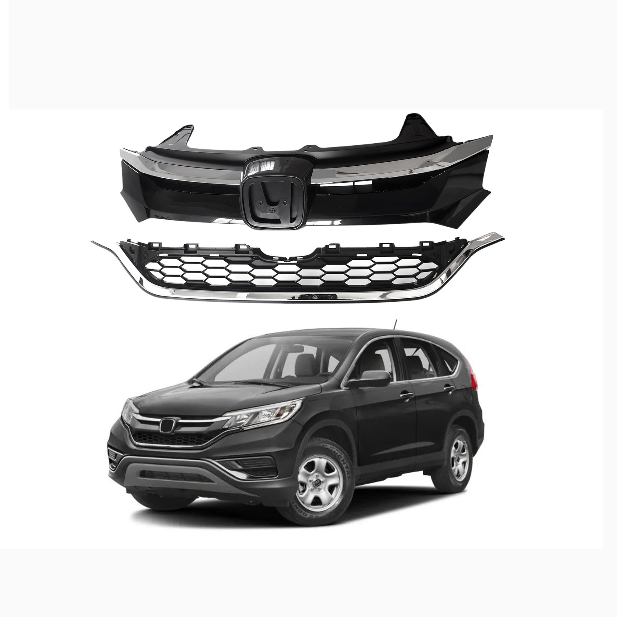 Grille Compatible With 2015 2016 Honda CR V Front Upper Lower Chrome Trim Mesh Bumper Grill