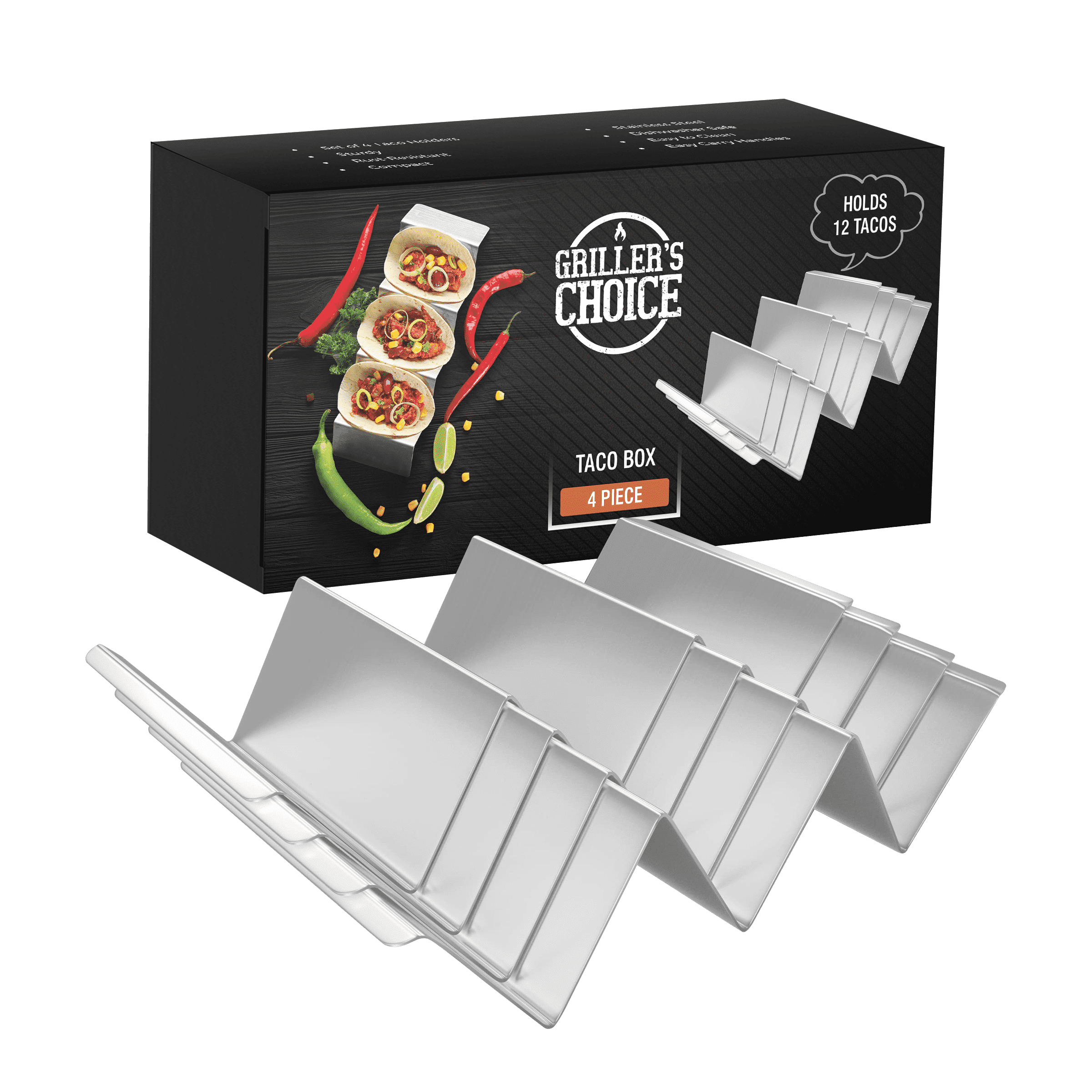Grillers Choice Stainless Steel Taco Holder Set, 4 Pack, Holds 12 Tacos ...