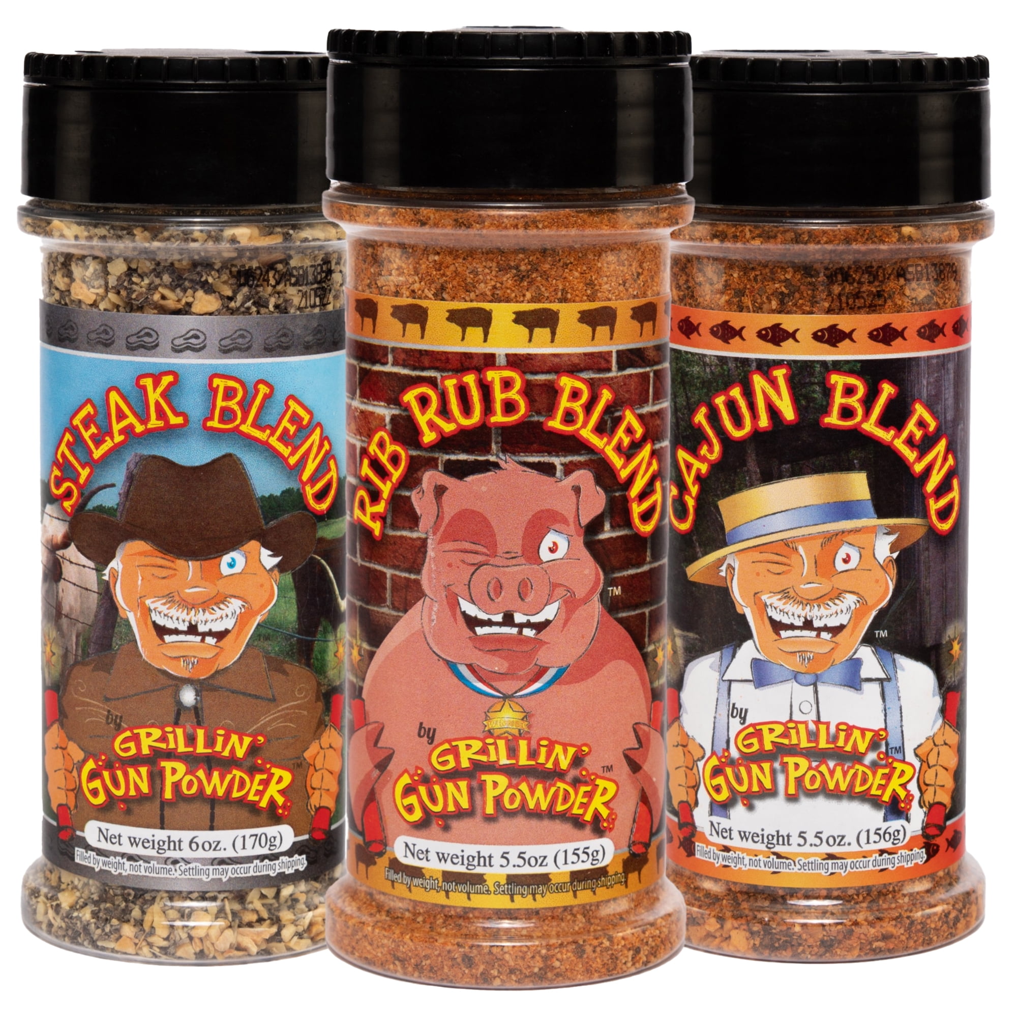 Grillin' GunPowder Seasoning Pack BBQ 5.5oz, Steak 6.0oz, Cajun 5.5oz ...