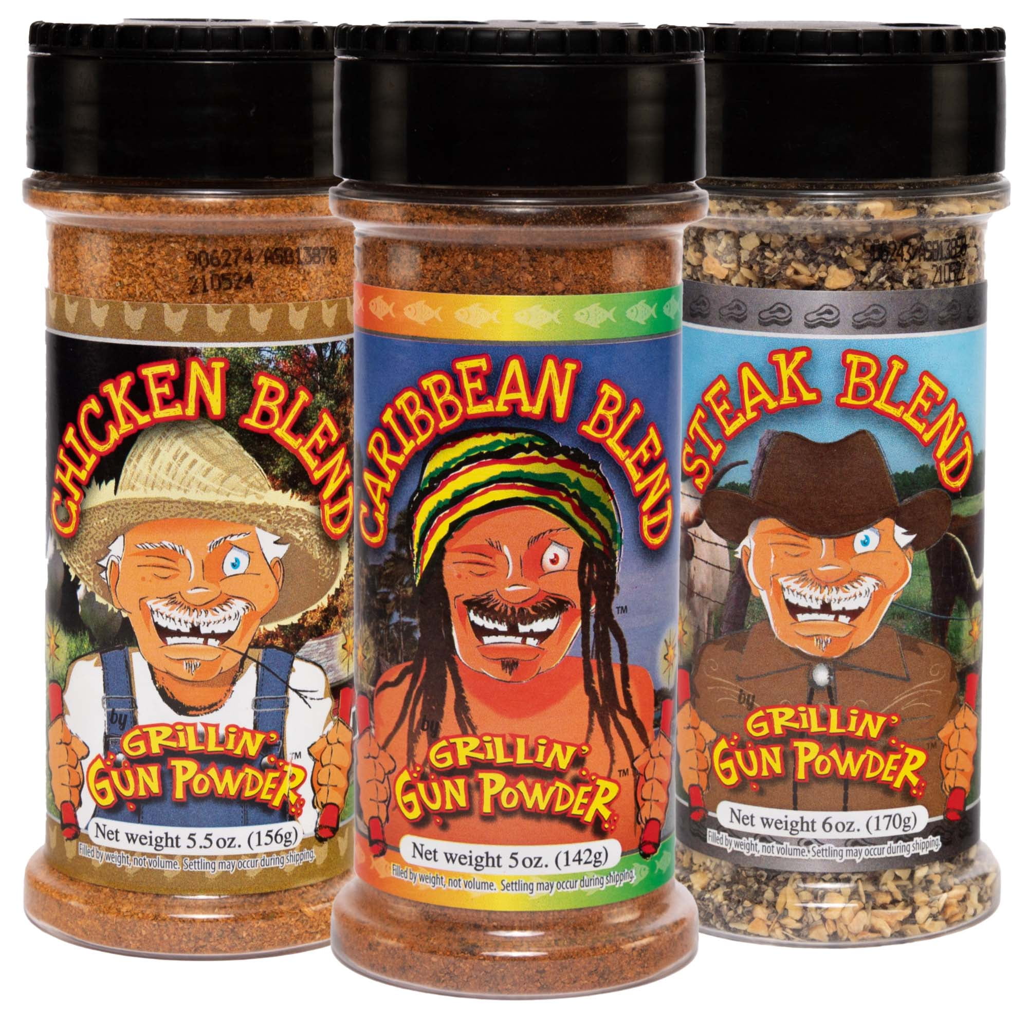 Grillin' GunPowder Seasoning Pack of Caribbean 5oz, Steak 6oz,Chicken 5 ...