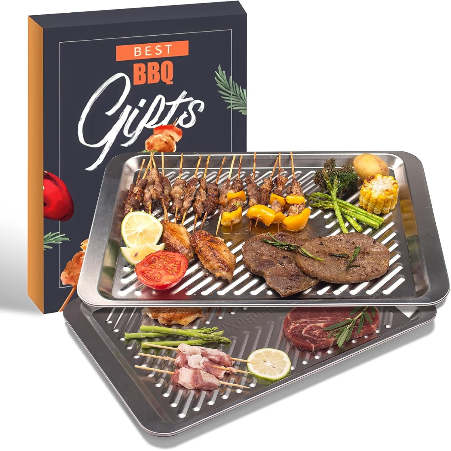 Grilling Prep and Serve Trays Set of 2 Stackable Stainless Steel BBQ ...