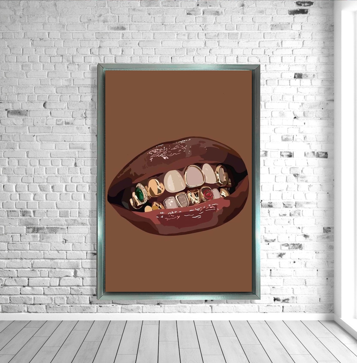 Grillz Lips Wall Art Print, Hip Hop Gold Teeth Bold Lip Artwork ...