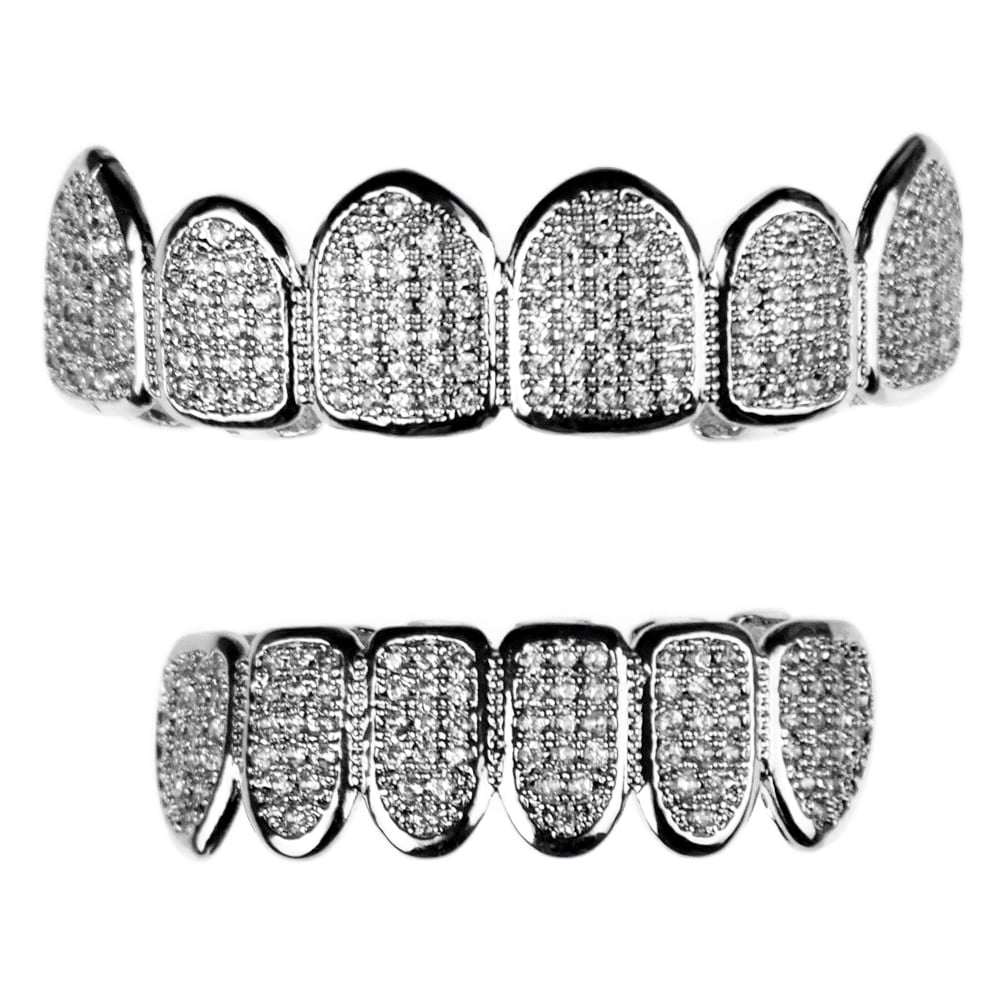Grillz Set CZ Micro Pave Top & Bottom Silver Tone Micropave Gems Hip ...