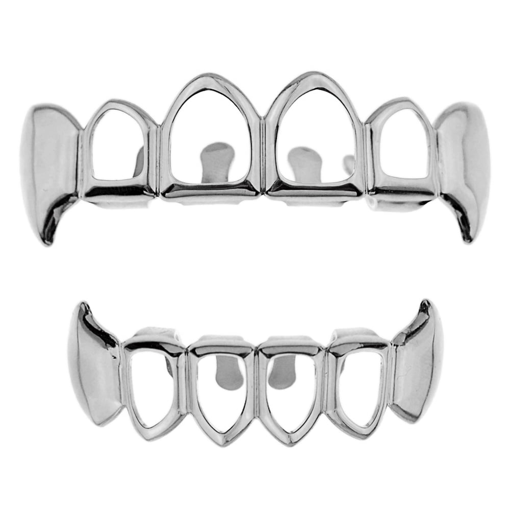 Grillz Set Six 4 Open Face Fangs Upper Top And Bottom Lower Fang Teeth ...