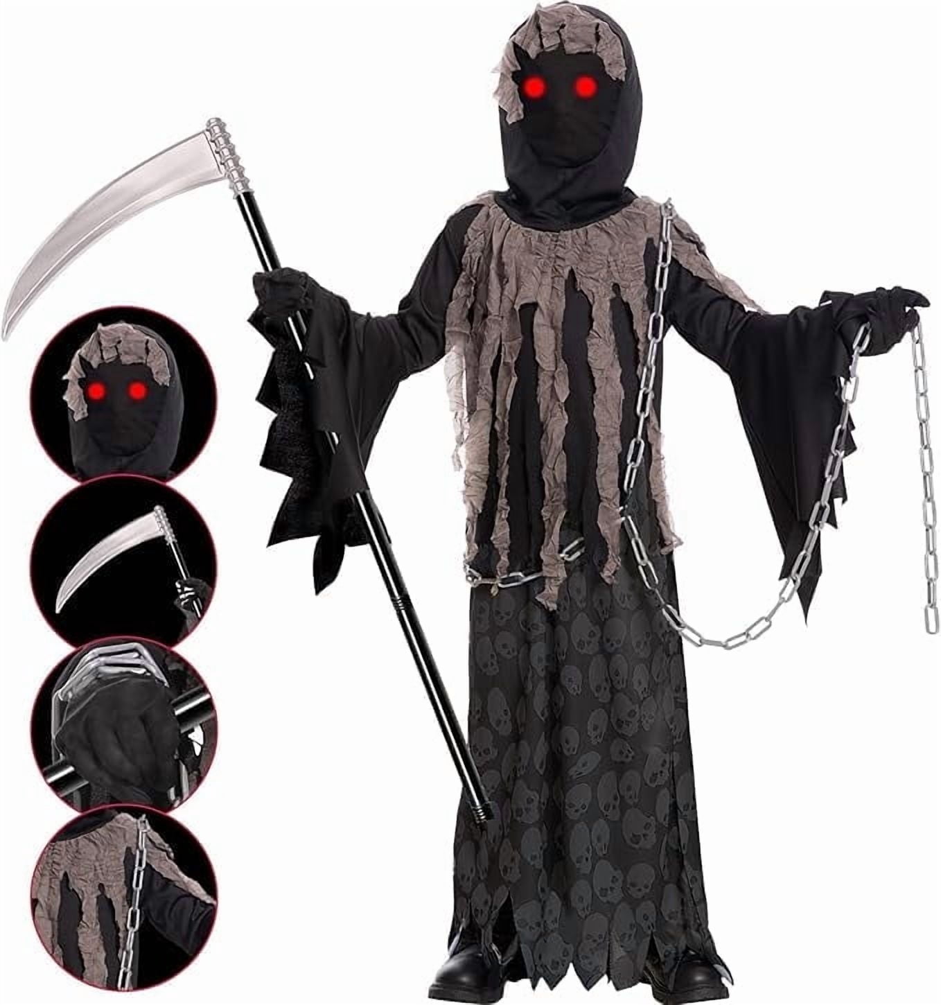 Grim Reaper Halloween Costume for Kids, Glowing Red Eye Phantom Outfit ...