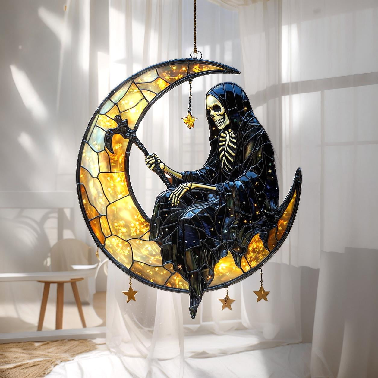 Grim Reaper Faux Wavy Acrylic Suncatcher - Halloween Crescent Moon ...