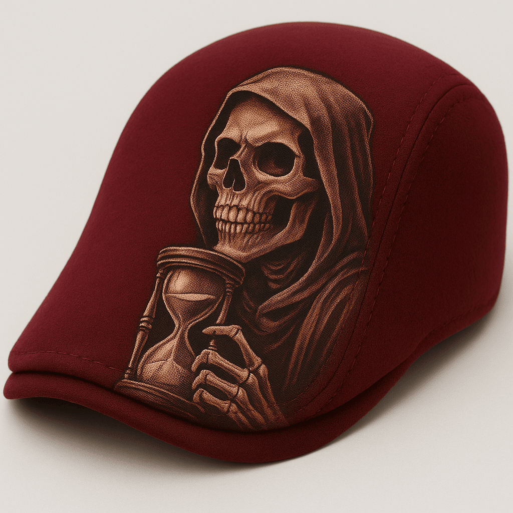 Grim Reaper With Hourglass Beret: Dark Gothic Graphic Headwear ...